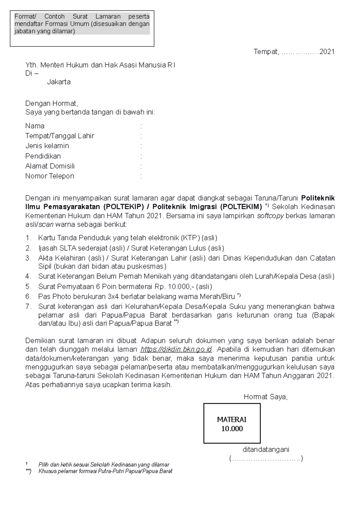 Format surat lamaran umum - Tempat, ................ Yth. Menteri Hukum ...