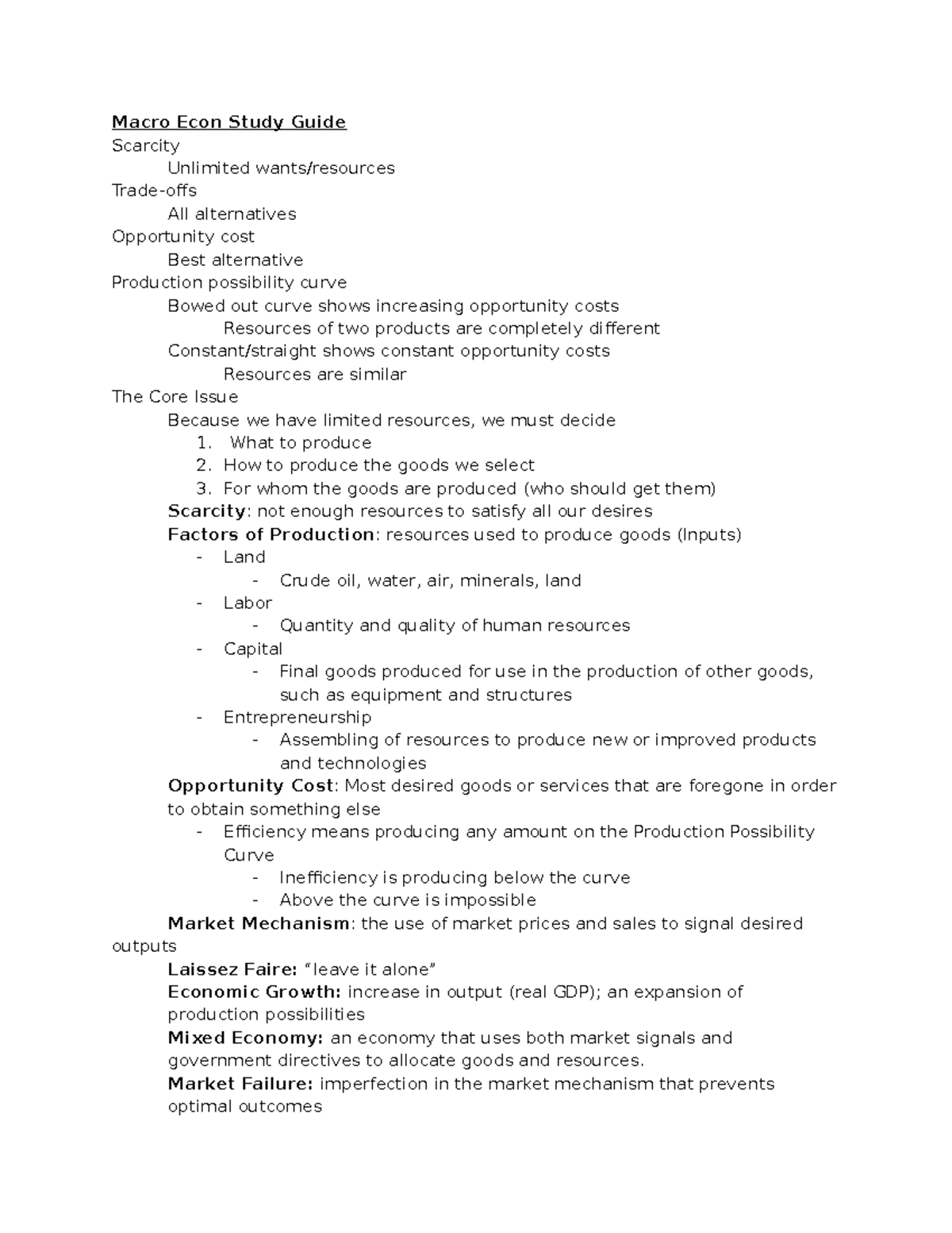 Macro Econ Study Guide - Macro Econ Study Guide Scarcity Unlimited ...