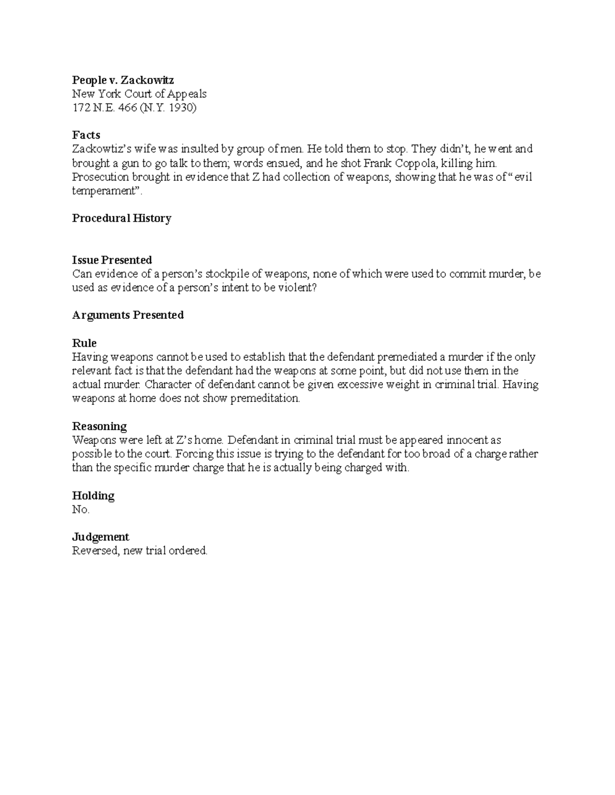 Martin v. State - Case brief. - People v. Zackowitz New York Court of ...