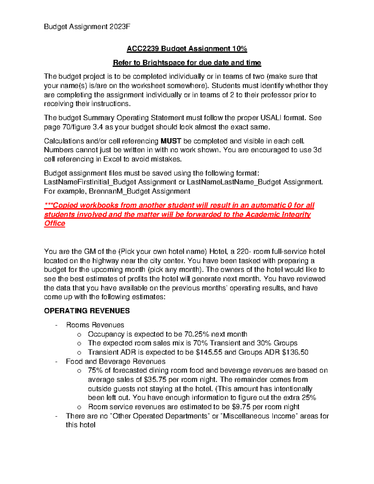 ACC12239 - 2023F Budget Assignment Instructions - Budget Assignment 2023F ACC2239 Budget ...