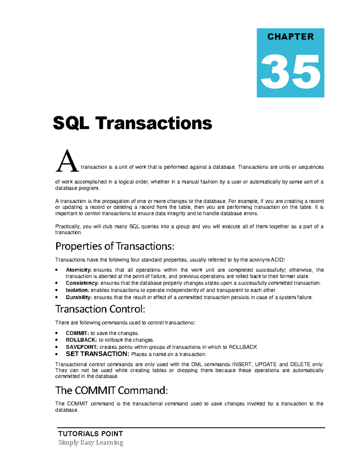 Sql Dbms 126 152 Sql Tutorials Point Sql Transactions A Transaction Is A Unit Of Work That