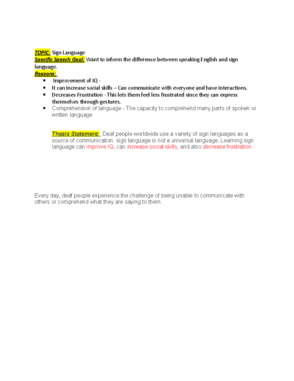 Speech outline material - TOPIC: Sign Language Specific Speech Goal ...