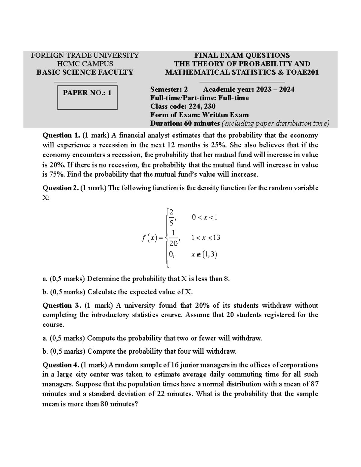 Classcode 224, 230 - final exam class 224, 230 (2024) - FOREIGN TRADE ...