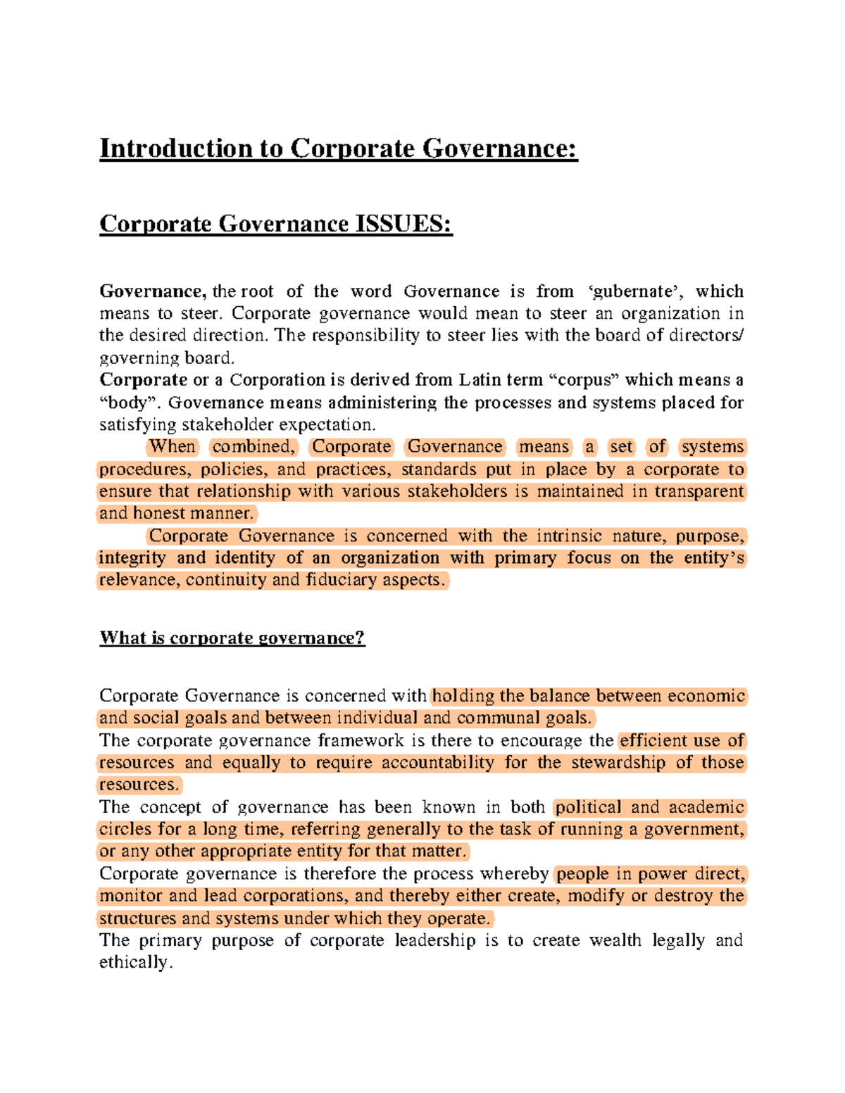 (h) corporate governance - Introduction to Corporate Governance ...