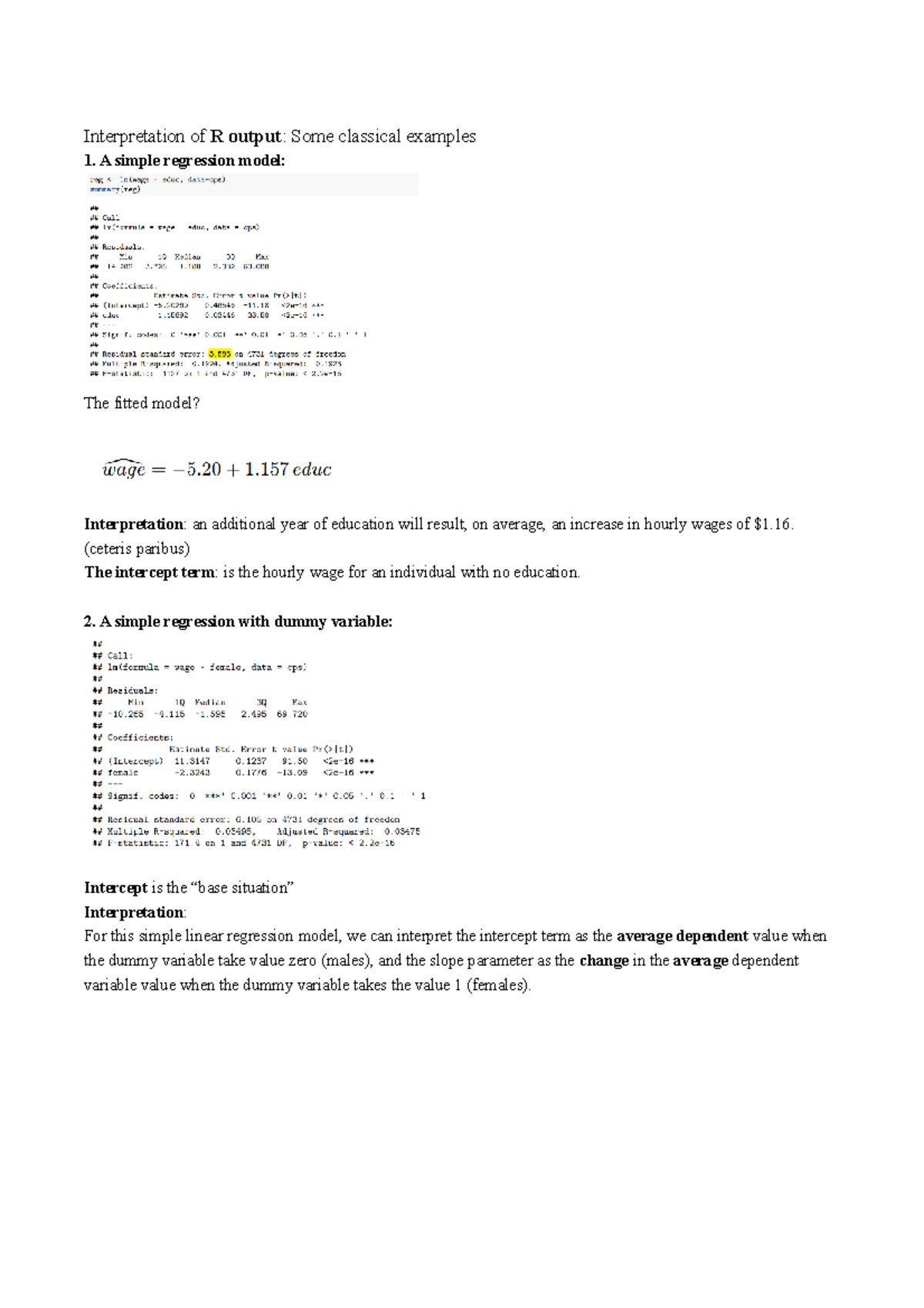Notes for Semester 1 2 - Interpretation of R output : Some classical ...