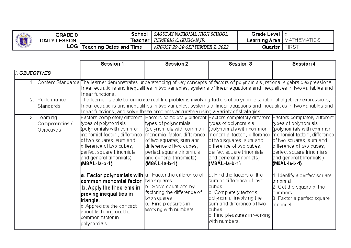 G8DLL Q1W1 LC01 - DLL - GRADE 8 DAILY LESSON LOG School SAGUDAY ...