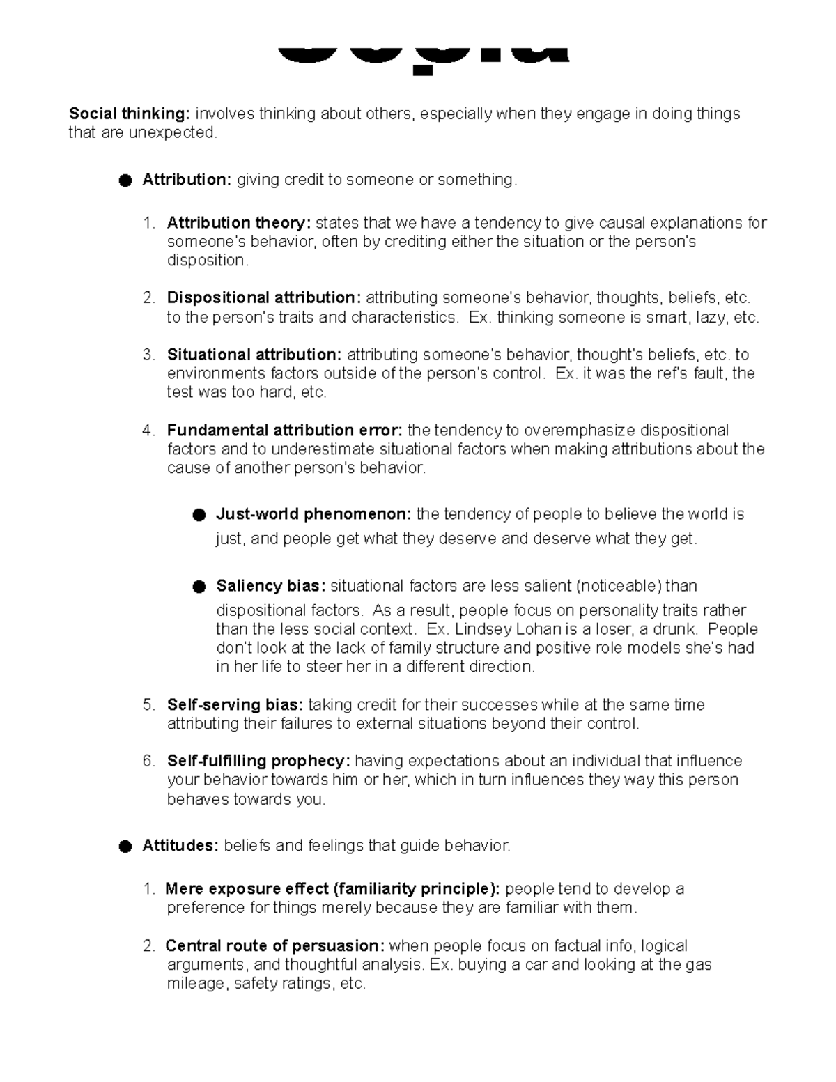 Social Psych Review Sheet - Social thinking: involves thinking about ...