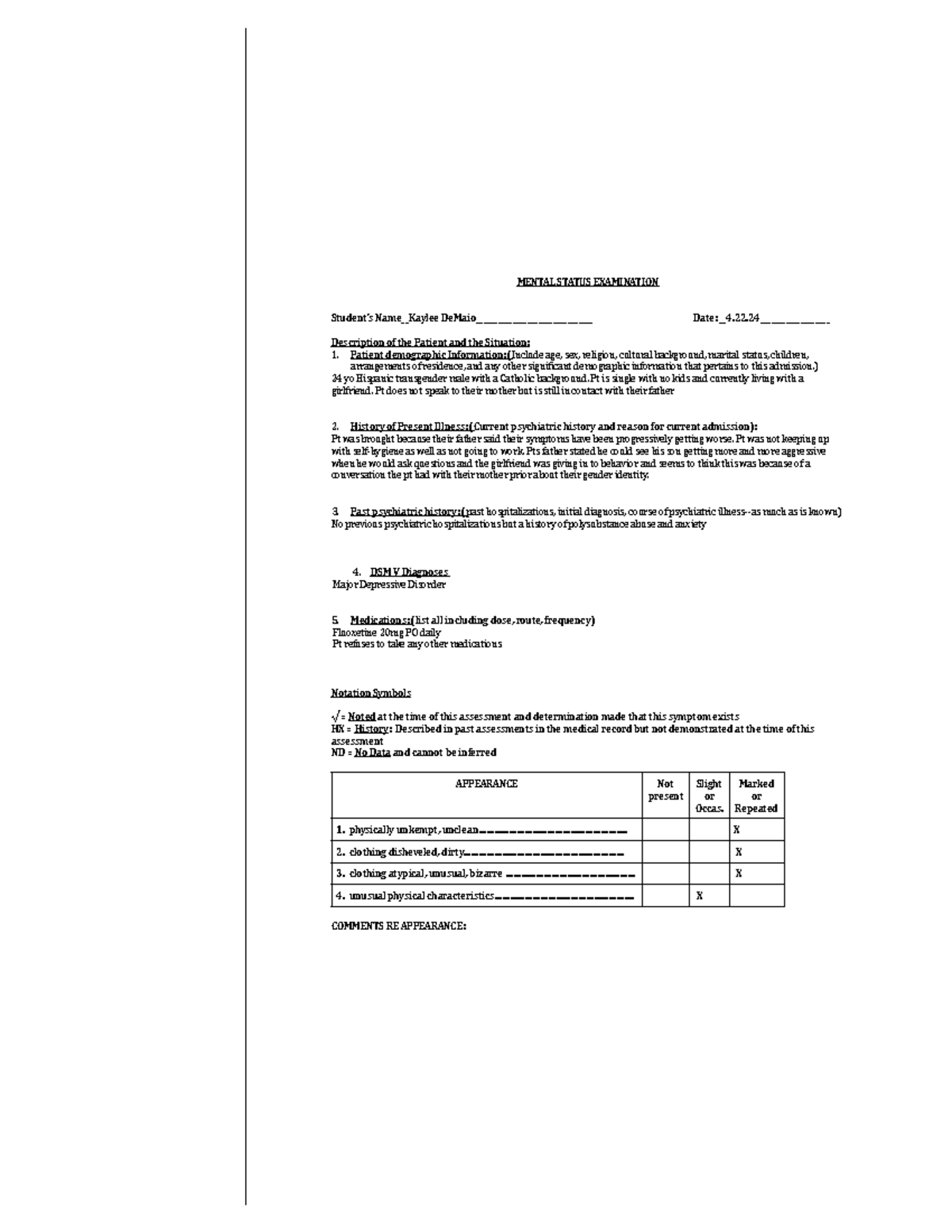 MSE and Weekly Carting Assignment rev SPR 24-1 - MENTAL STATUS EXAMINATION Student’s Name ...