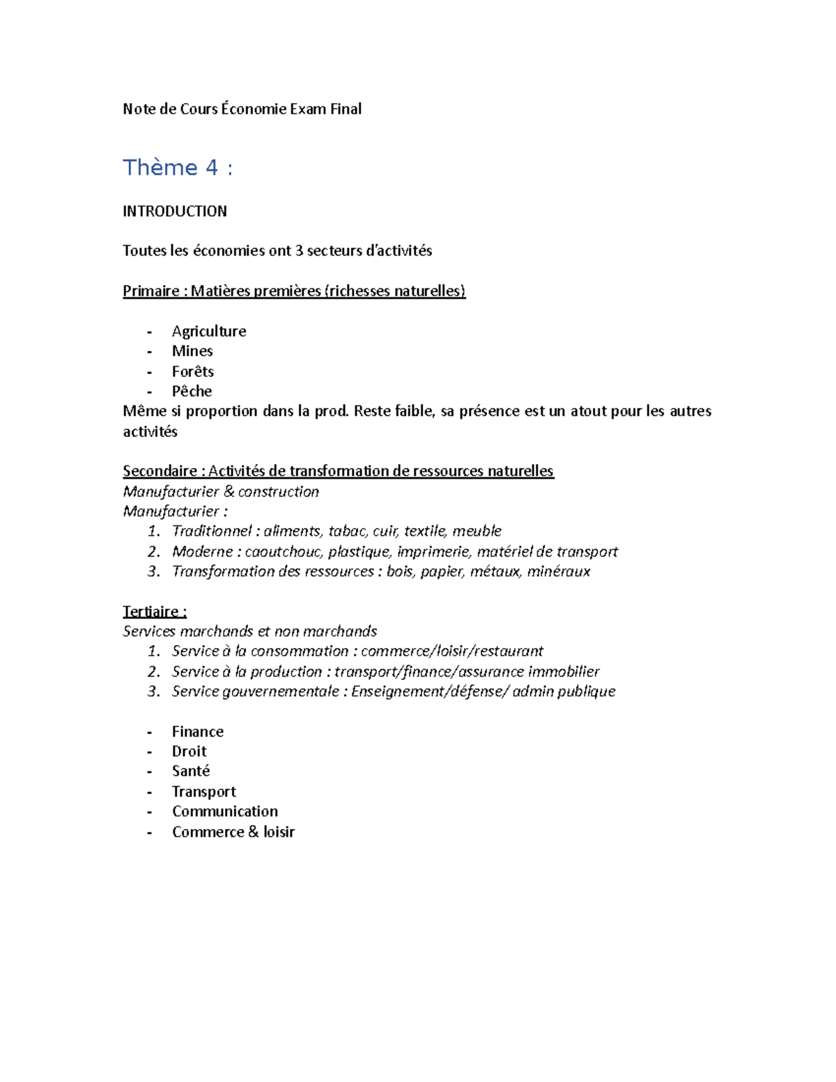 Note de Cours Économie Exam Final - Note de Cours Économie Exam Final Thème 4 : INTRODUCTION ...