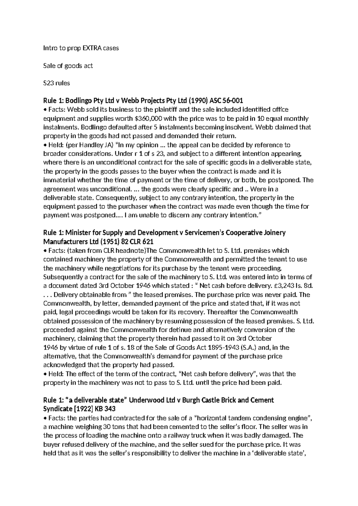 Intro to prop Extra cases - Intro to prop EXTRA cases Sale of goods act ...