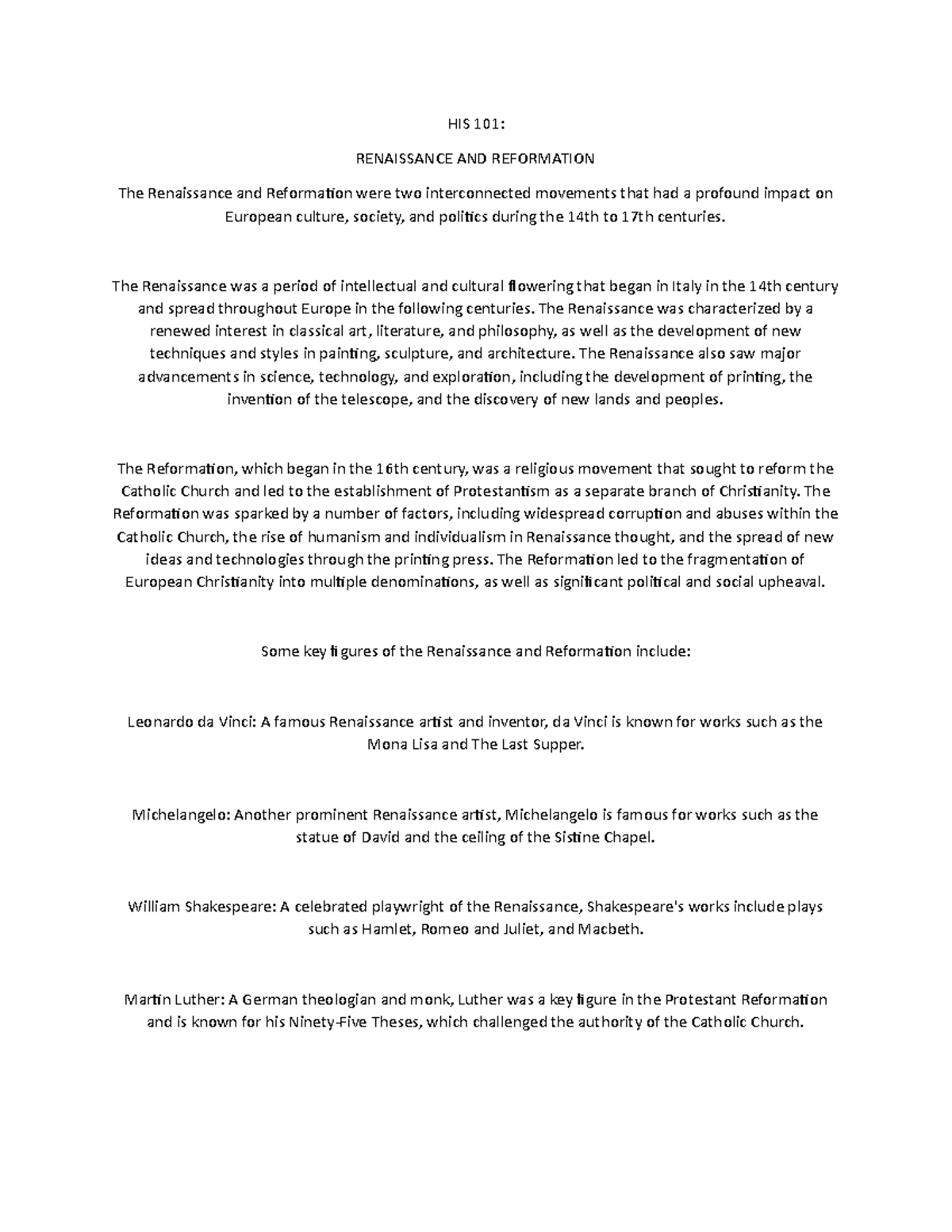 HIS 101 - renaissance and reformation - HIS 101: RENAISSANCE AND ...