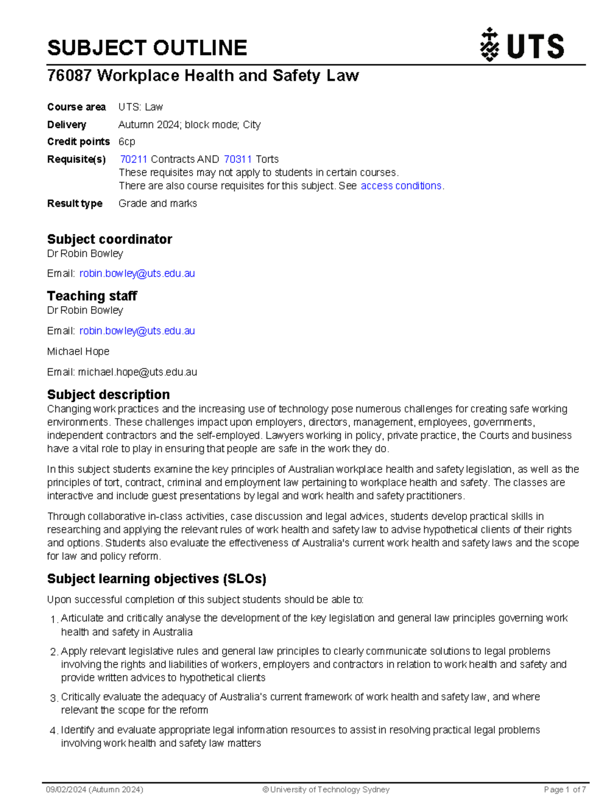 Subject Outline - 76087 Workplace Health and Safety Law - Autumn 2024 ...
