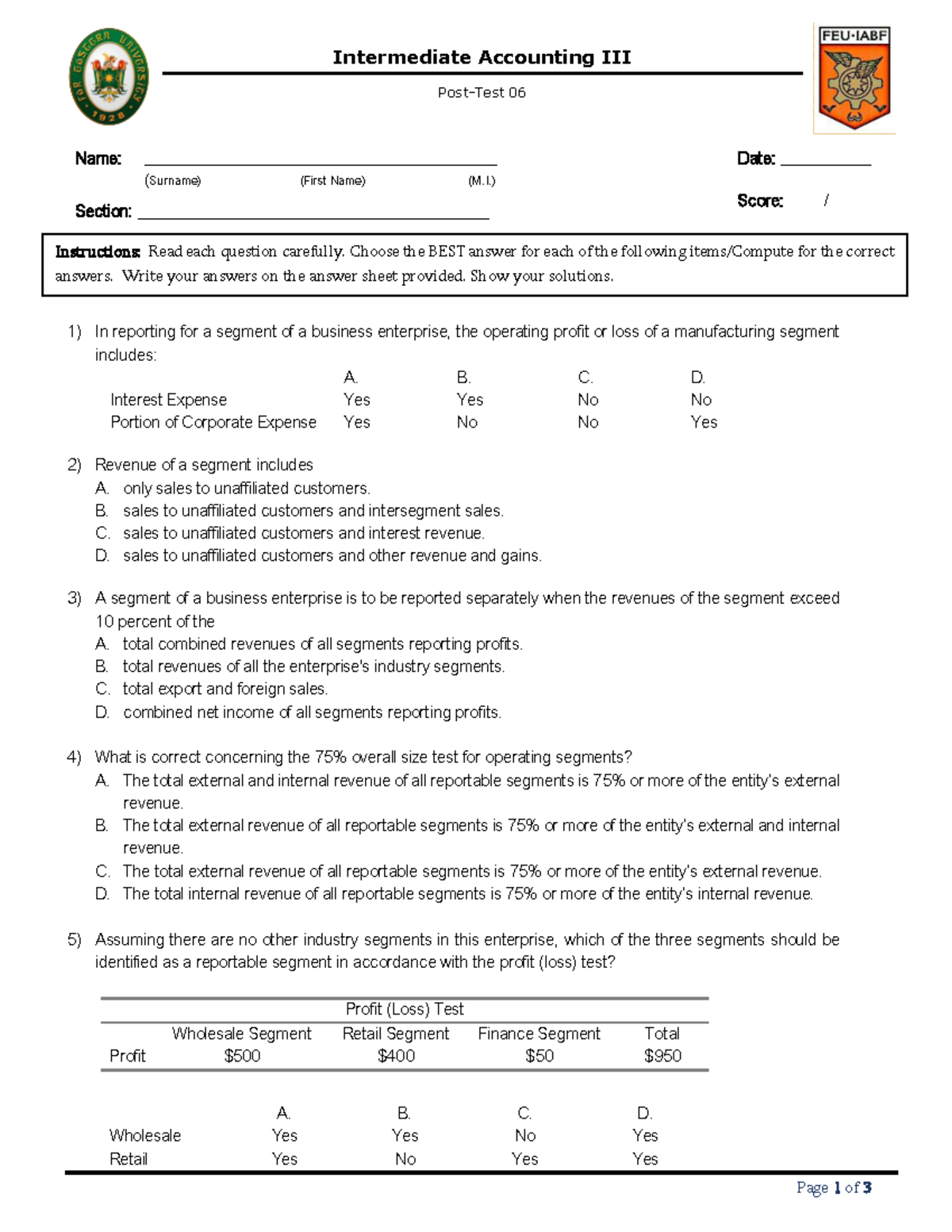 Operating Segment Post Test. - Intermediate Accounting III Post-Test 06 ...
