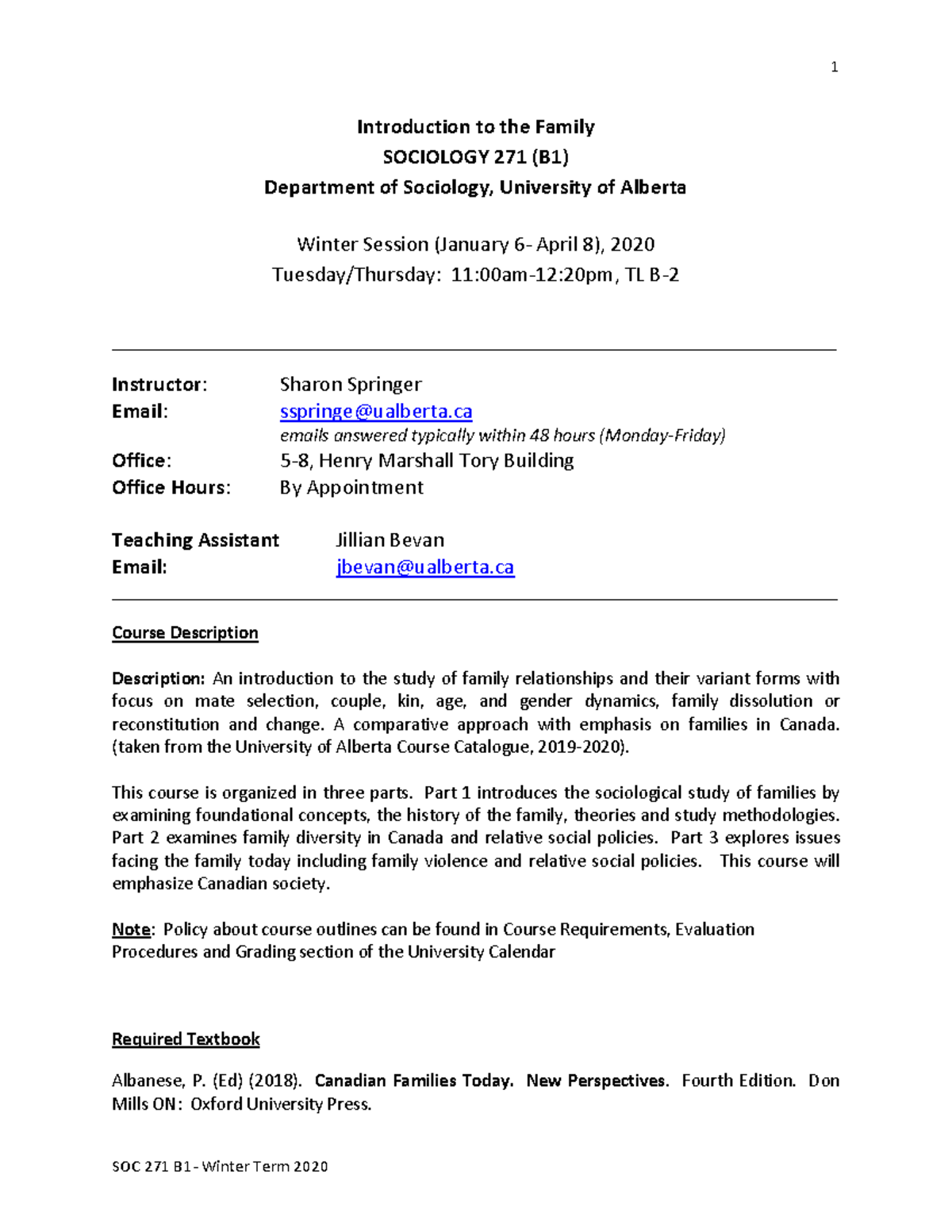 2020 Winter SOC 271 Lecture B1 - Introduction to the Family SOCIOLOGY ...