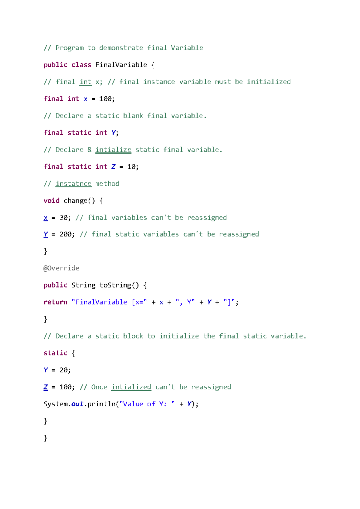 Day6 usingfinal - final keyword - // Program to demonstrate final Variable public class - Studocu