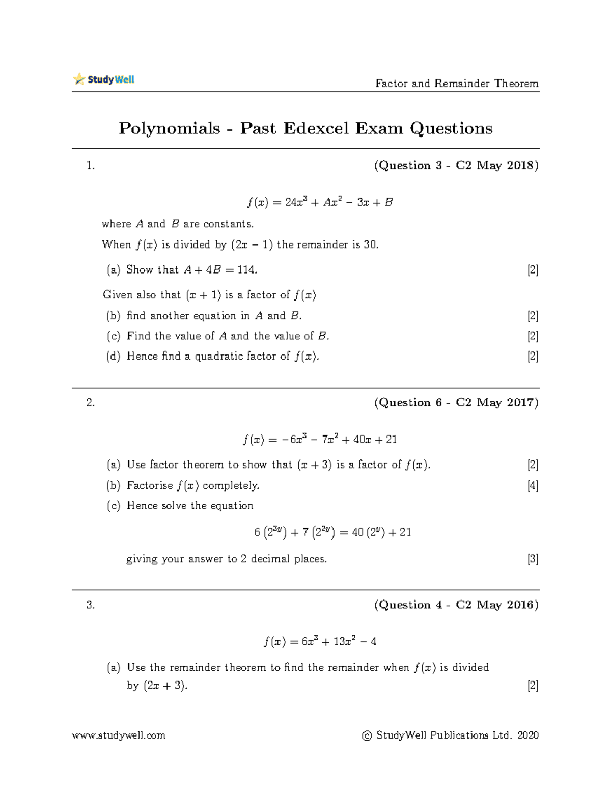 Polynomial Exam Questions - Polynomials - Past Edexcel Exam Questions ...