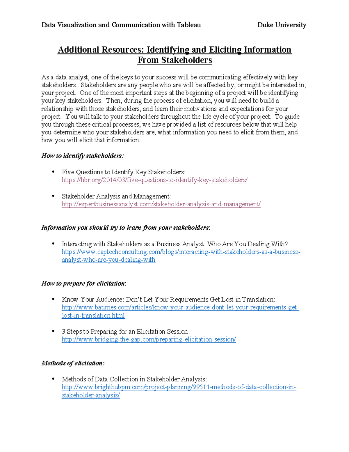 Identifying and Eliciting Information from Stakeholders - Stakeholders ...