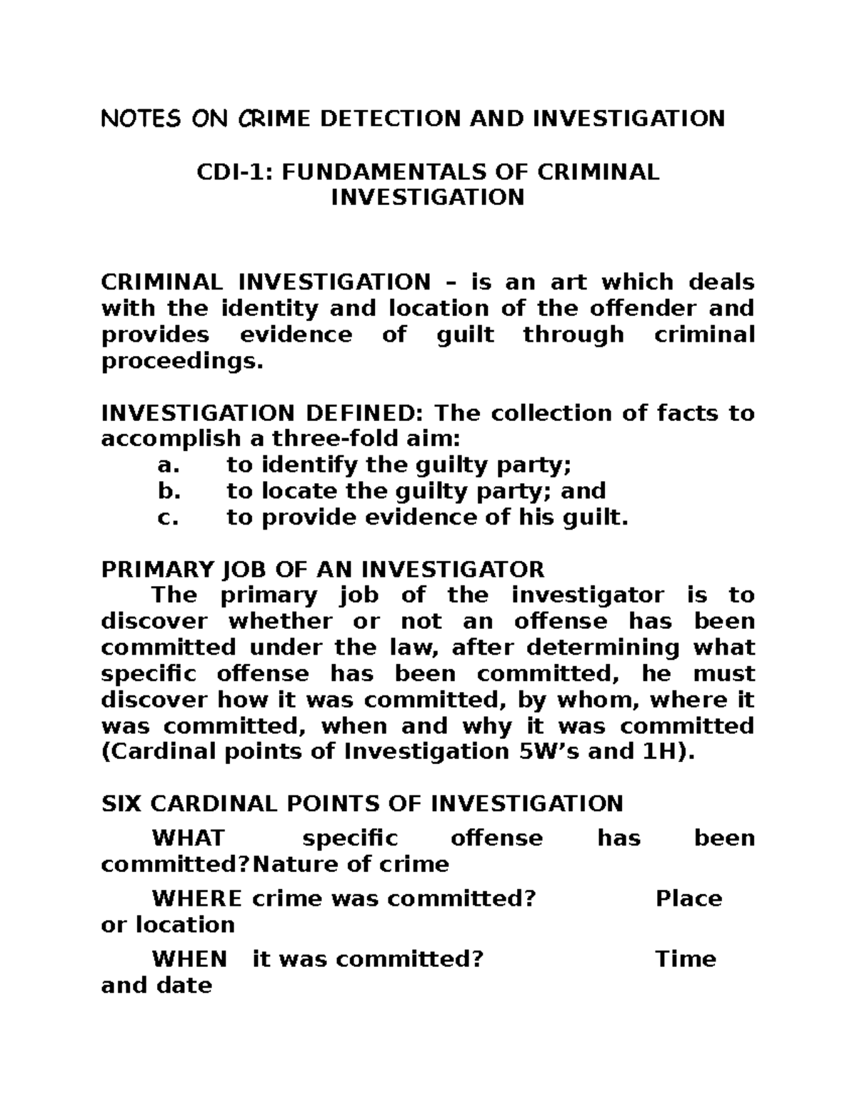  CDI 1 Fundamentals OF Criminal Investigation NOTES ON CR IME