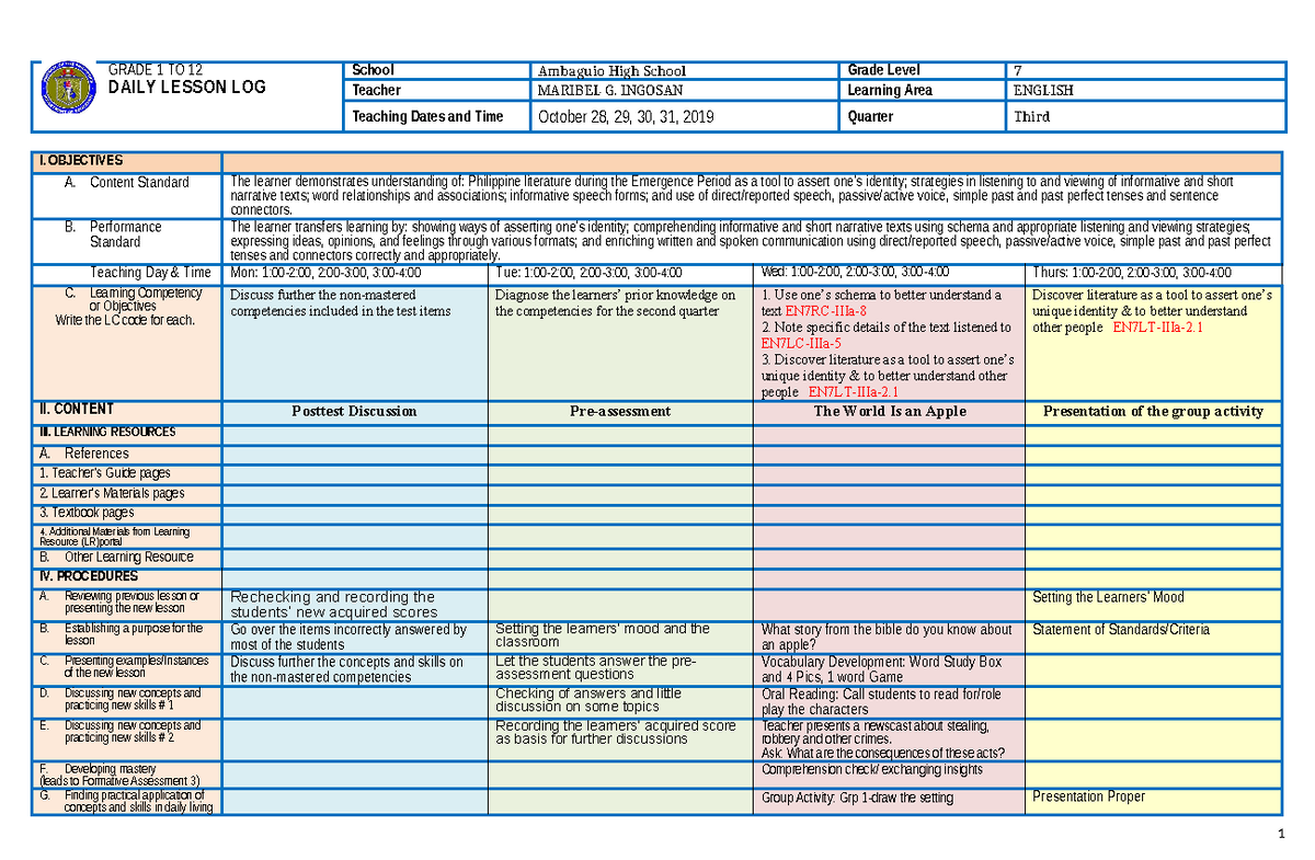 Week 1 - dll weekly w1 - GRADE 1 TO 12 DAILY LESSON LOG School Ambaguio ...
