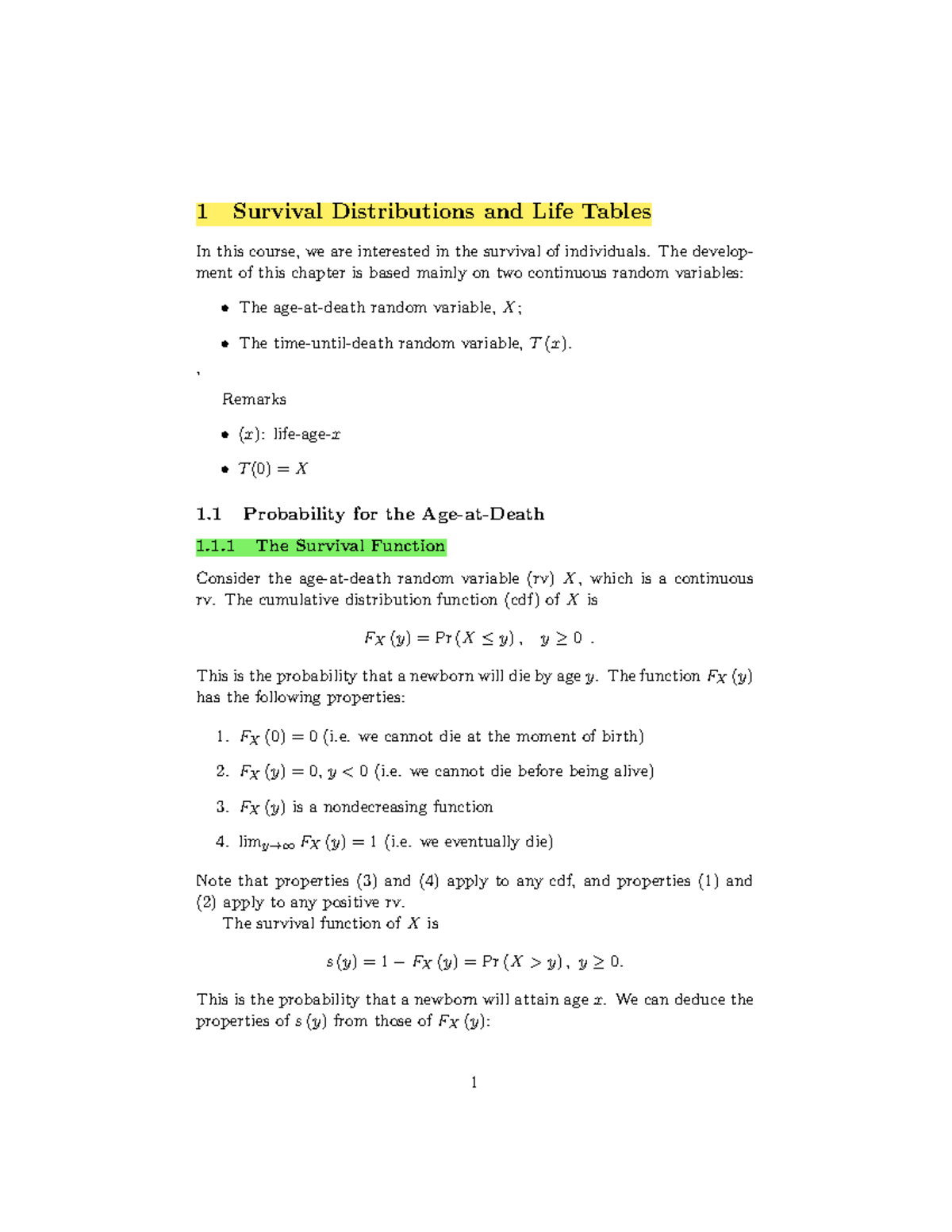 Lecture 1 - 1 Survival Distributions and Life Tables In this course, we ...