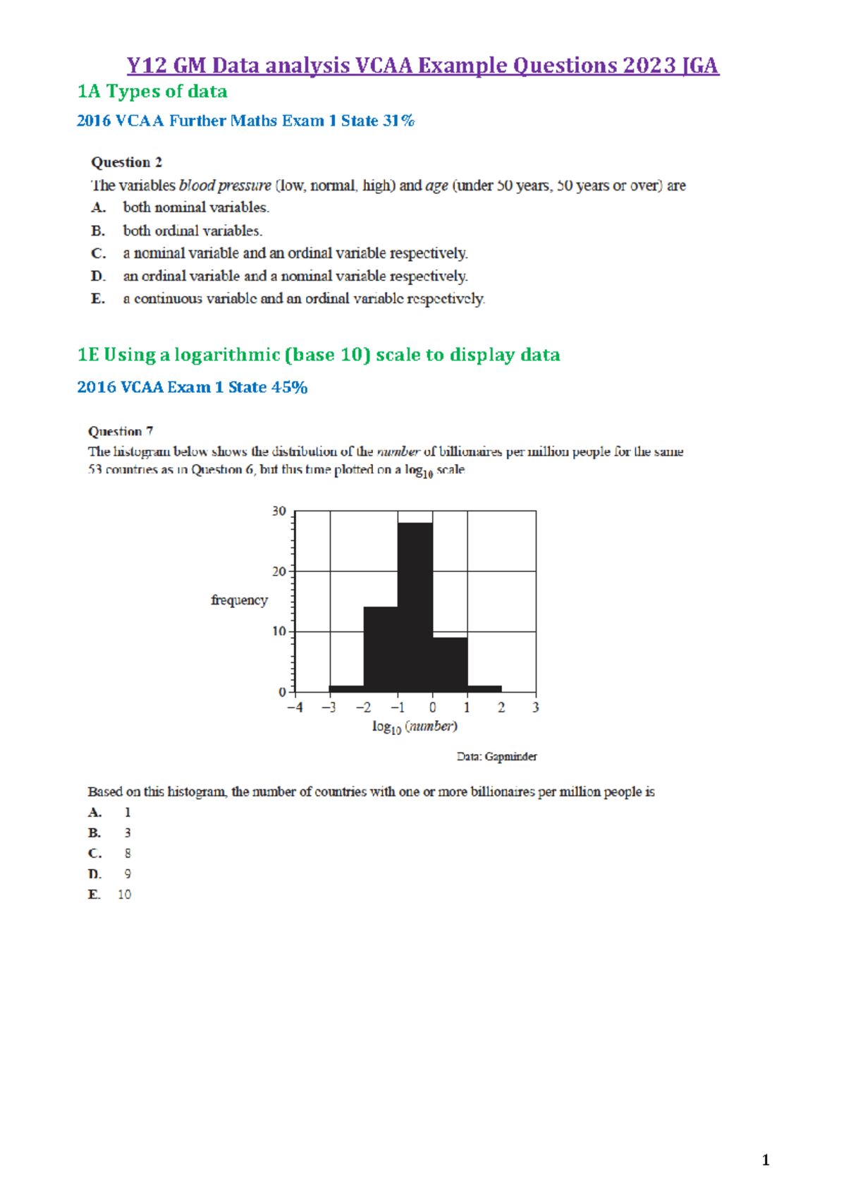 Data Analysis Practice Questions - Y12 GM Data analysis VCAA Example ...