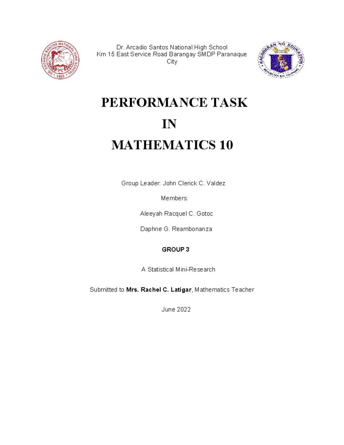 Mini research - its just mini - PERFORMANCE TASK IN MATHEMATICS 10 ...