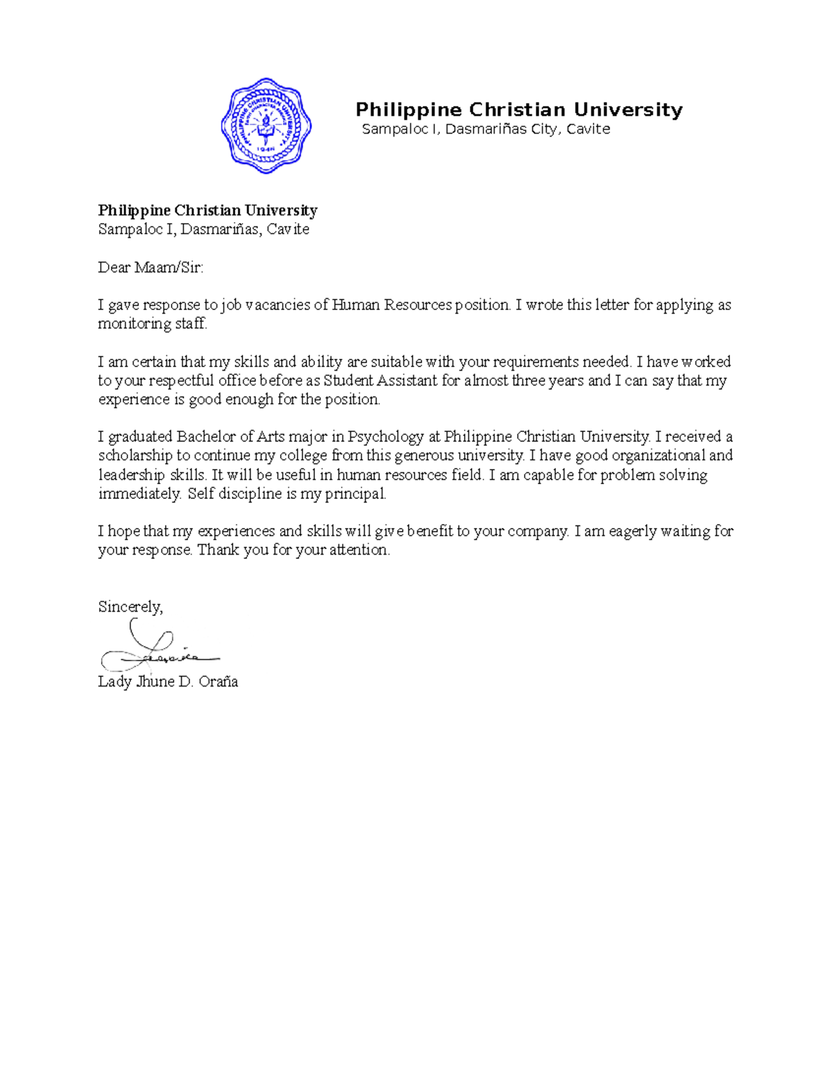 Application Letter copy - Philippine Christian University Sampaloc I ...