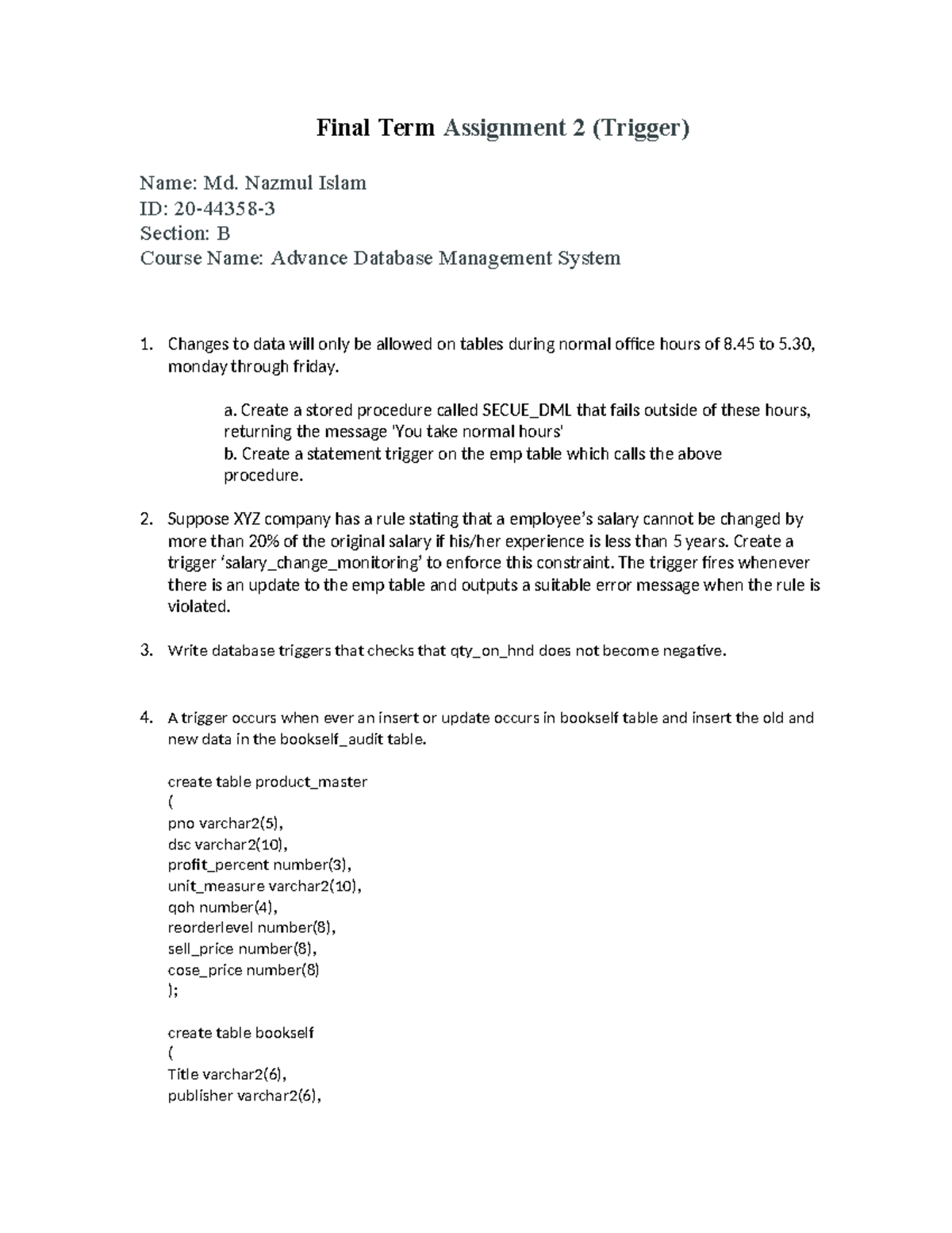 Assignment 2 Trigger20 44358 3 Final Term Assignment 2 Trigger Name Md Nazmul Islam Id 