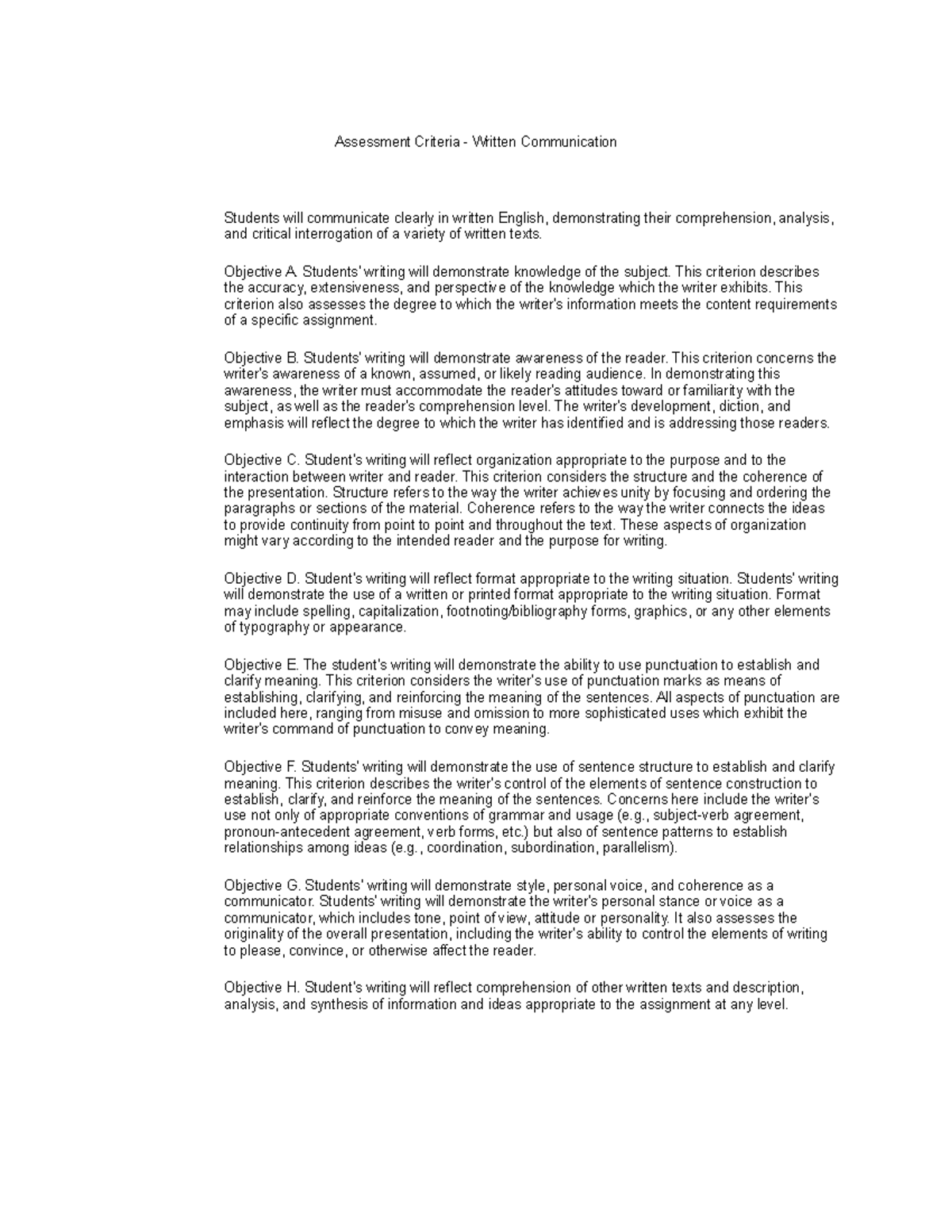 Working copy U SC Writing Assessment Criteria - Assessment Criteria ...