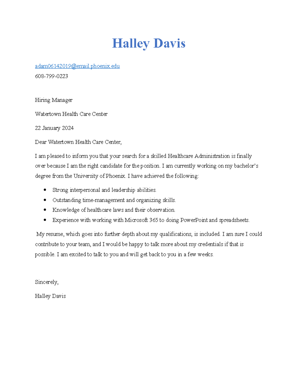Wk 4 Summative Assessment Cover Letter and Reflection - Halley Davis ...