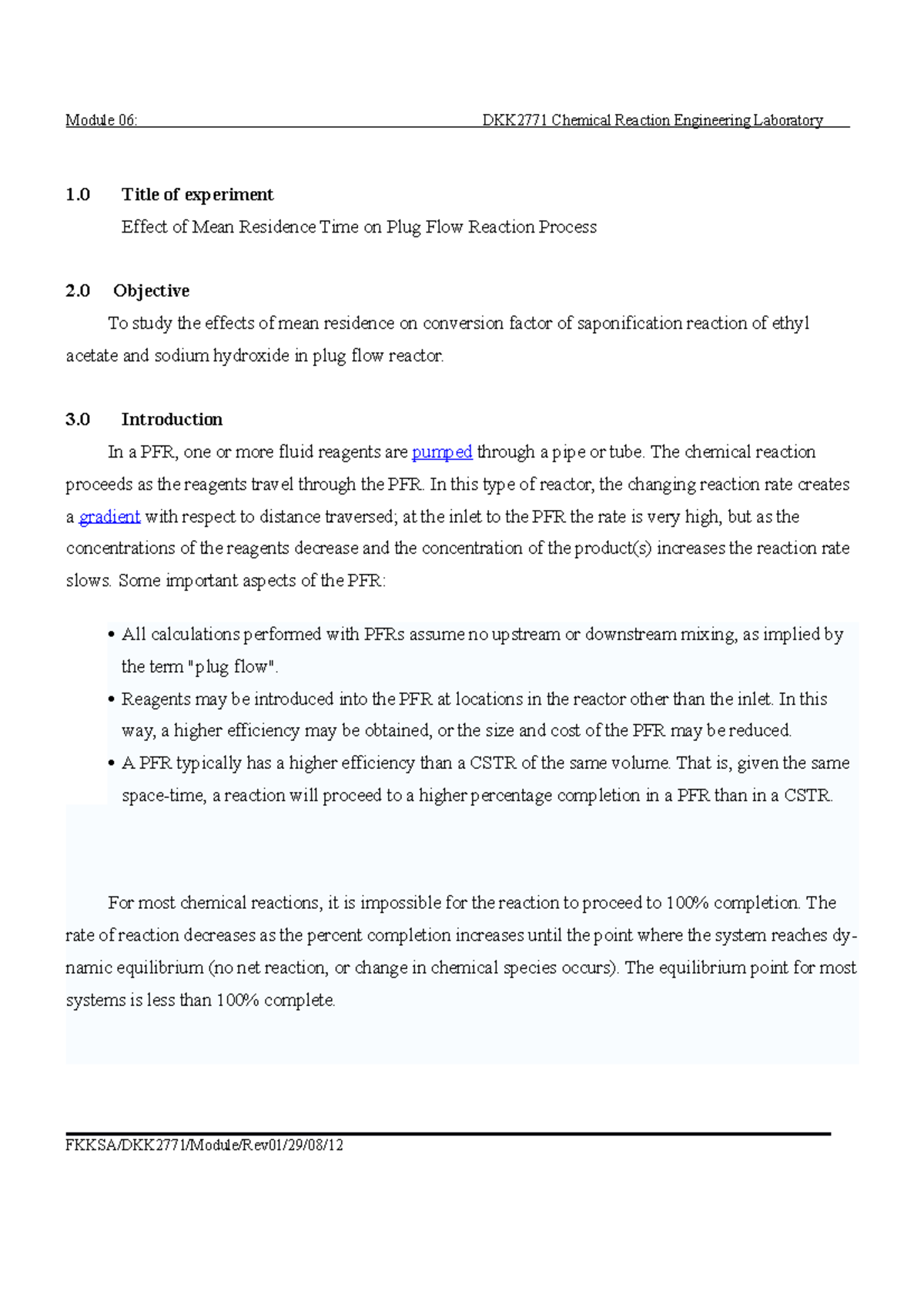 Module 06 Plug Flow Reactor (PFR) - 1 Title of experiment Effect of ...