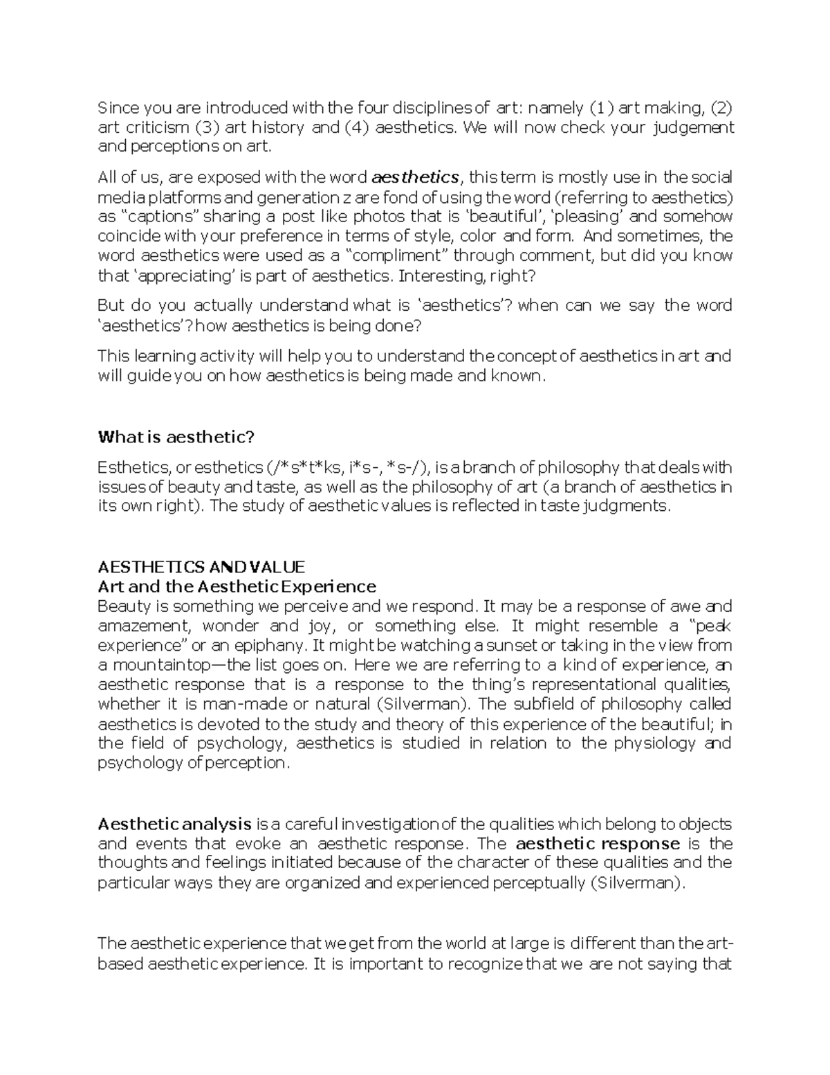 The Aesthetics - Lecture notes only. - Since you are introduced with ...