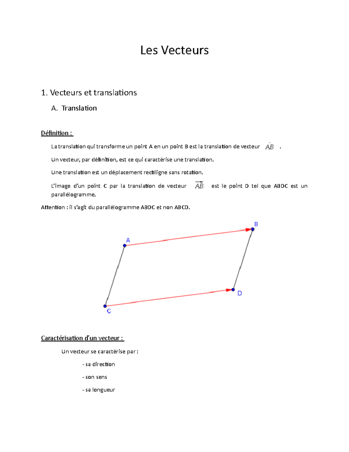 Vecteurs - cours - Les Vecteurs 1. Vecteurs et translations A ...