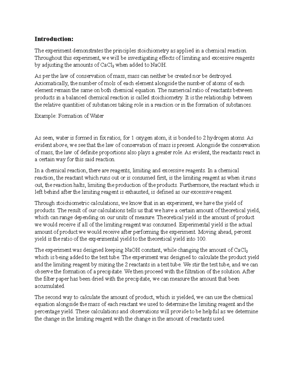 Week 6 lab - Lab report stoichiometry and limiting reagnet ...