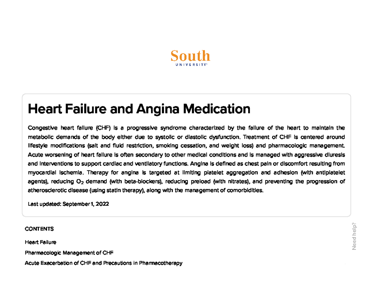 Heart Failure and Angina Medication - South University - Heart Failure ...