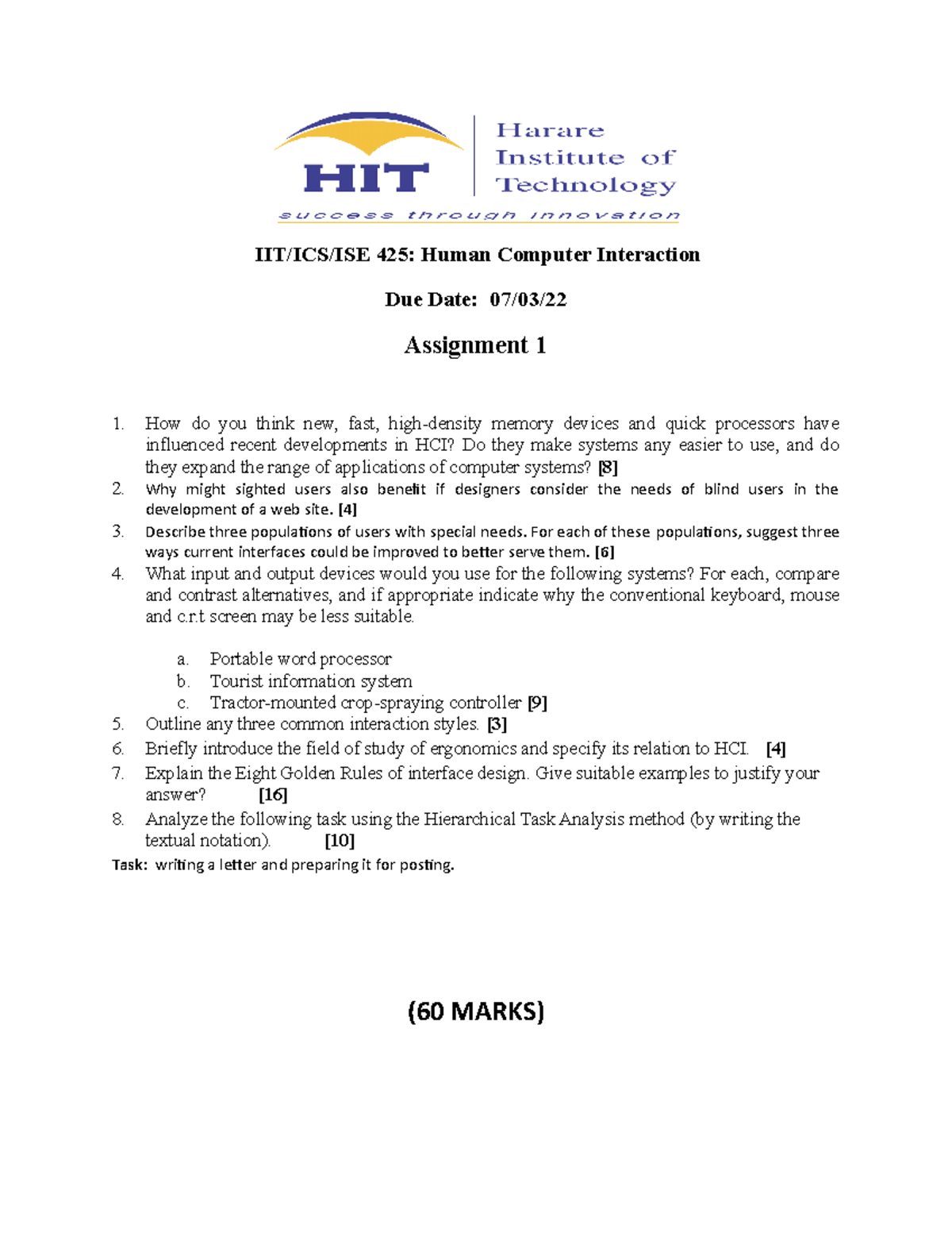 Assignment 1 - IIT/ICS/ISE 425: Human Computer Interaction Due Date: 07 ...
