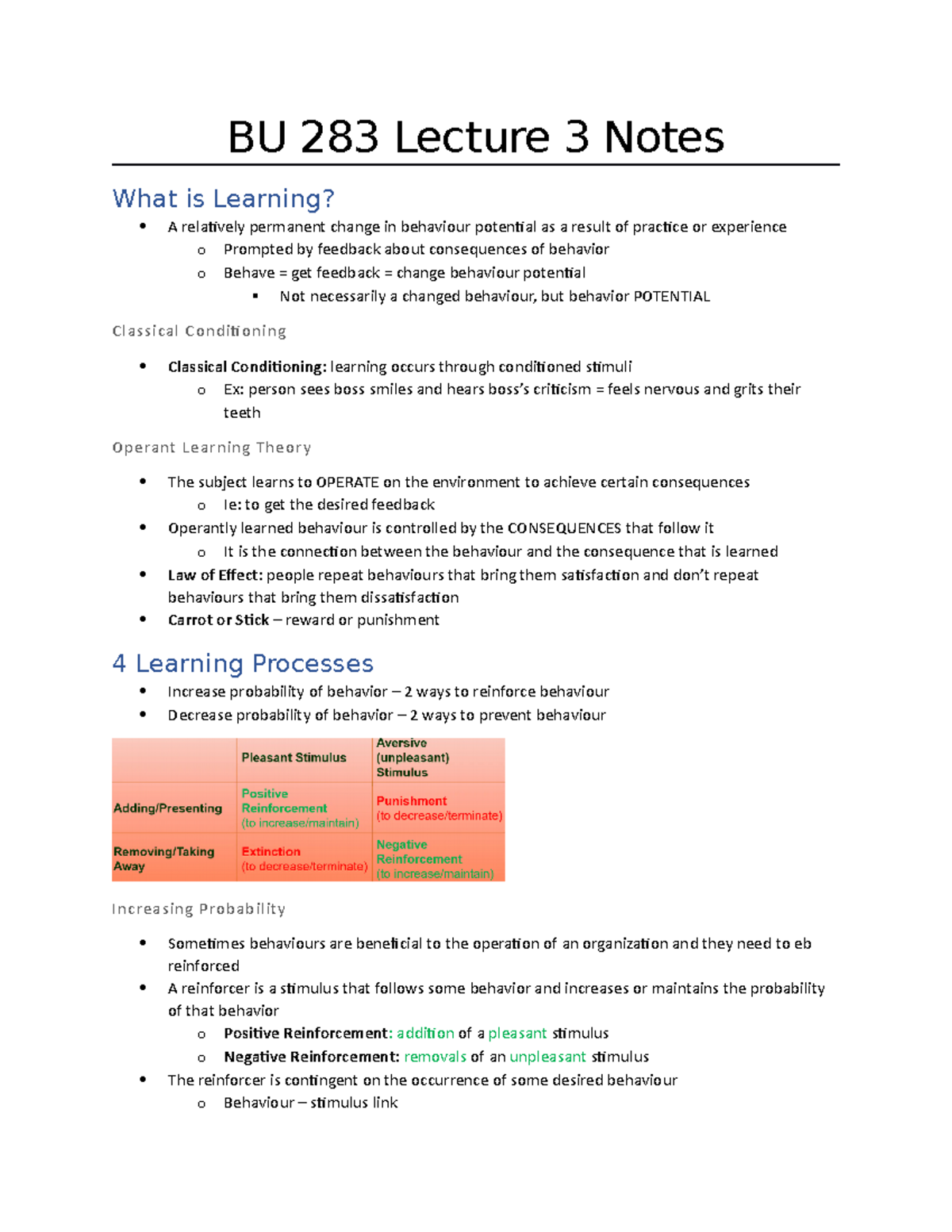 BU 288 Learning Notes - BU 283 Lecture 3 Notes What is Learning? A ...