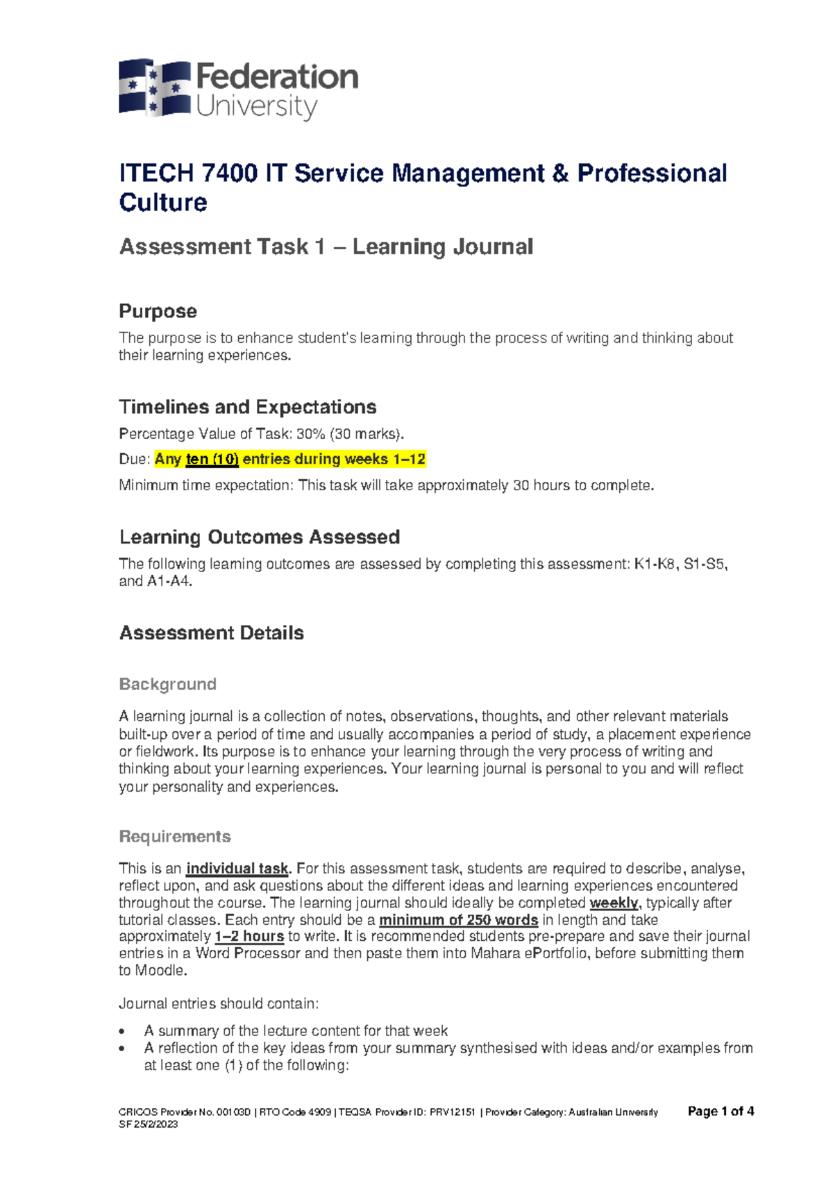 01 itech 7400 learning journal 2023-20 and 17 - CRICOS Provider No. 00103D | RTO Code 4909 ...