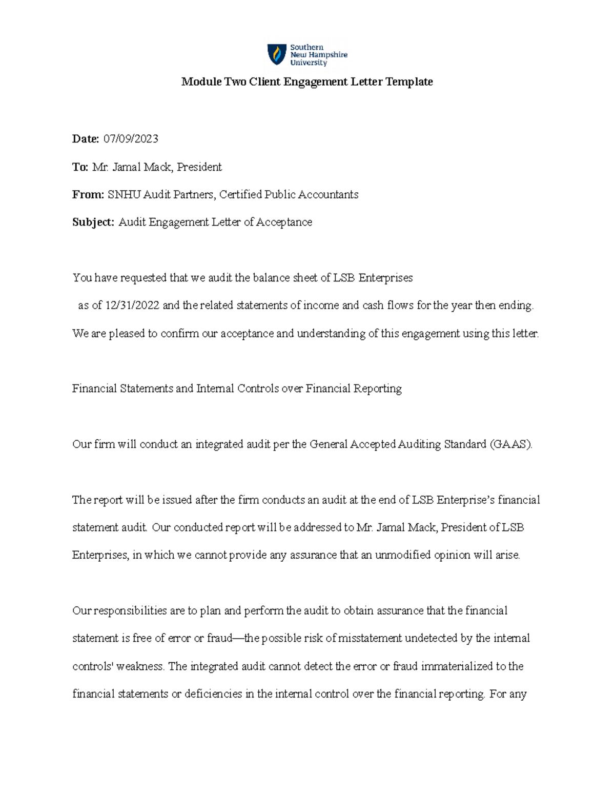 ACC 411 Module Two Client Engagement Letter Template - Module Two ...