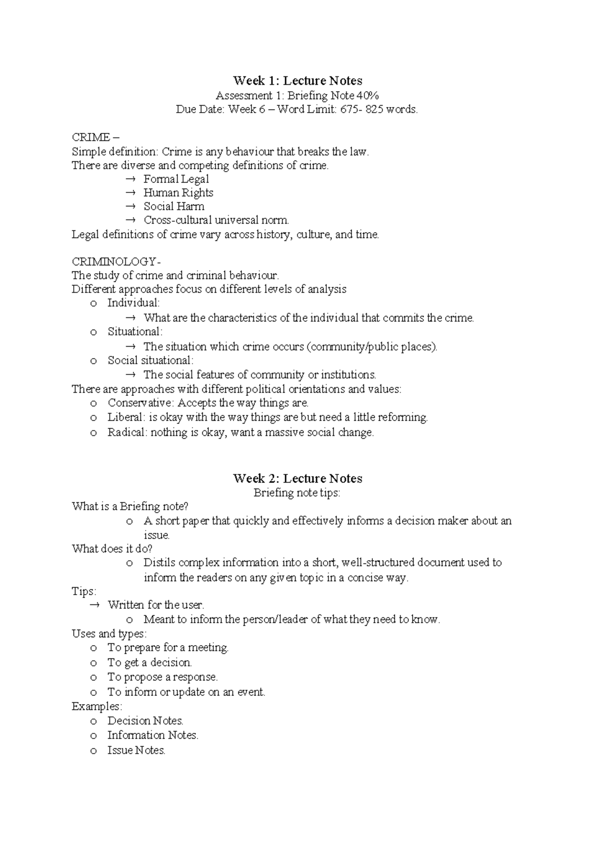 Lecture Notes - Week 1: Lecture Notes Assessment 1: Briefing Note 40% ...