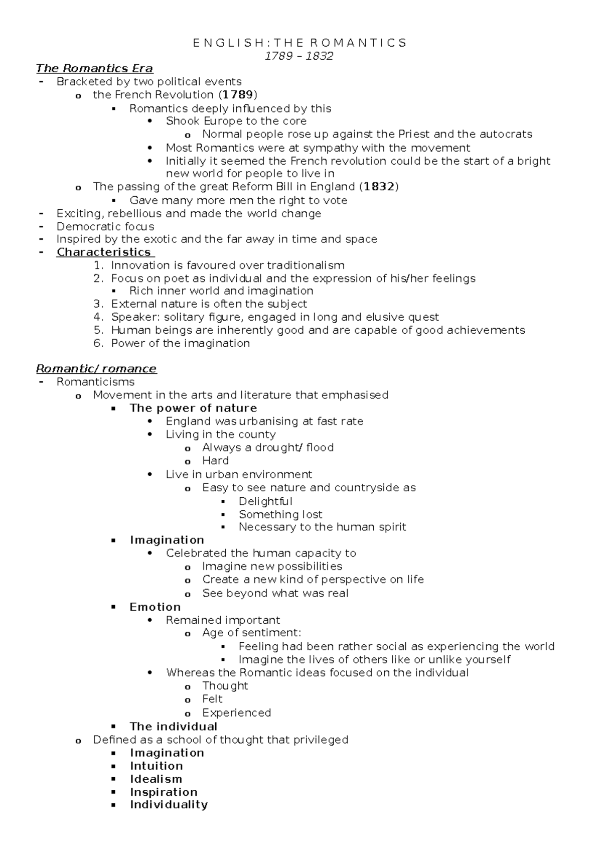 The Romantics - Lecture notes 6 - E N G L I S H : T H E R O M A N T I C ...