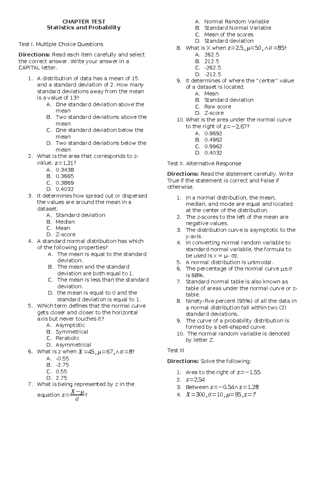 Chapter TEST - CHAPTER TEST Statistics and Probability Test I. Multiple ...