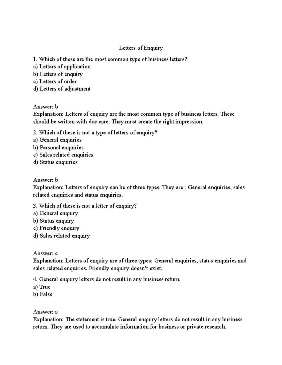 Unit 2 -Inquiry letter - Quiz - Letters of Enquiry Which of these are ...