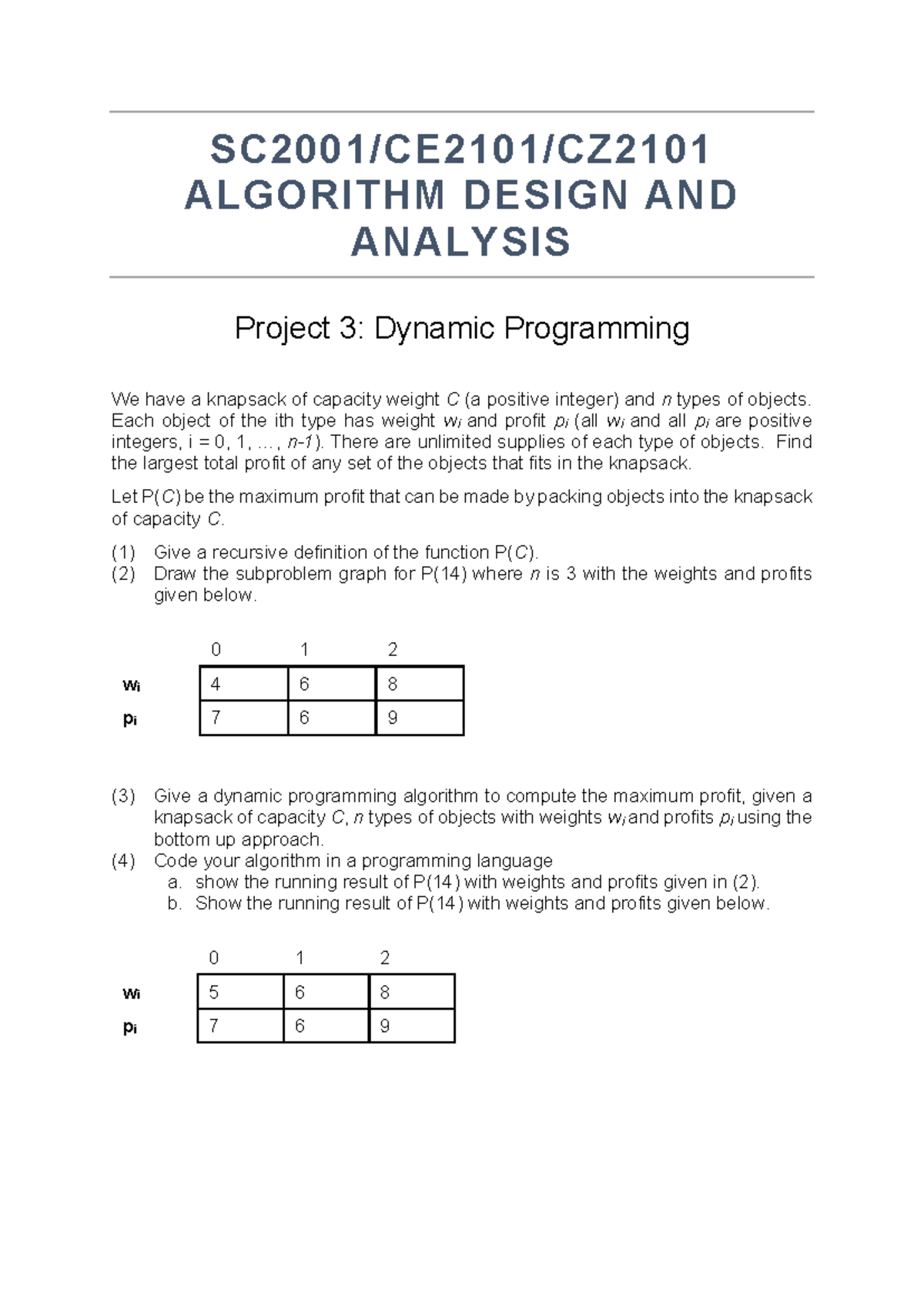 Project 3 - SC2001/CE2101/CZ ALGORITHM DESIGN AND ANALYSIS Project 3: Dynamic Programming We ...