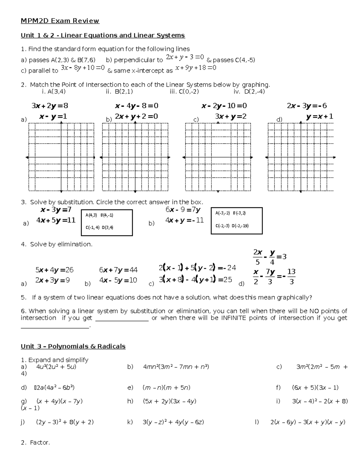 Final Exam Review 2023 - ####### MPM2D Exam Review Unit 1 & 2 - Linear ...