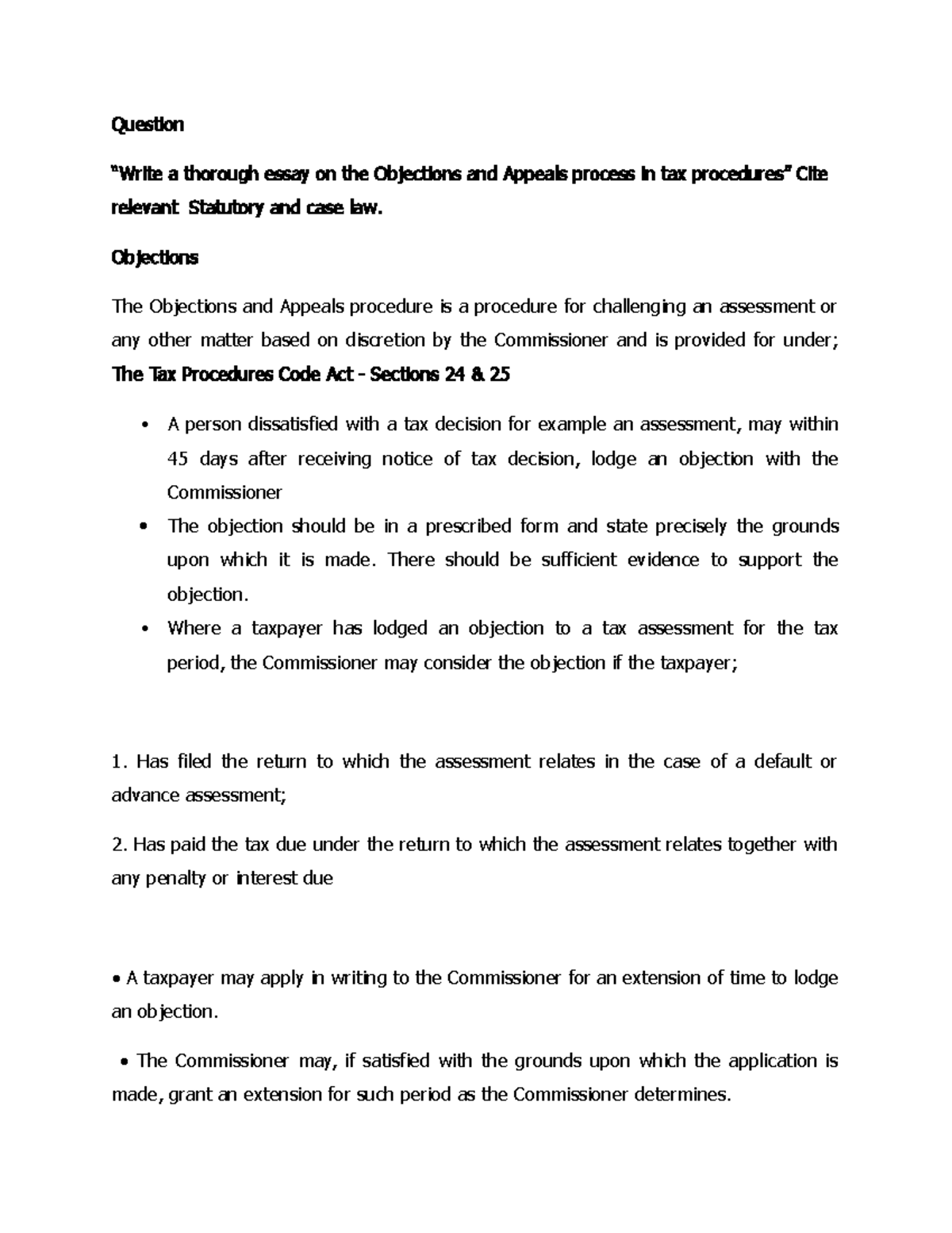 Objection AND Appeal - Class work - Question “Write a thorough essay on ...