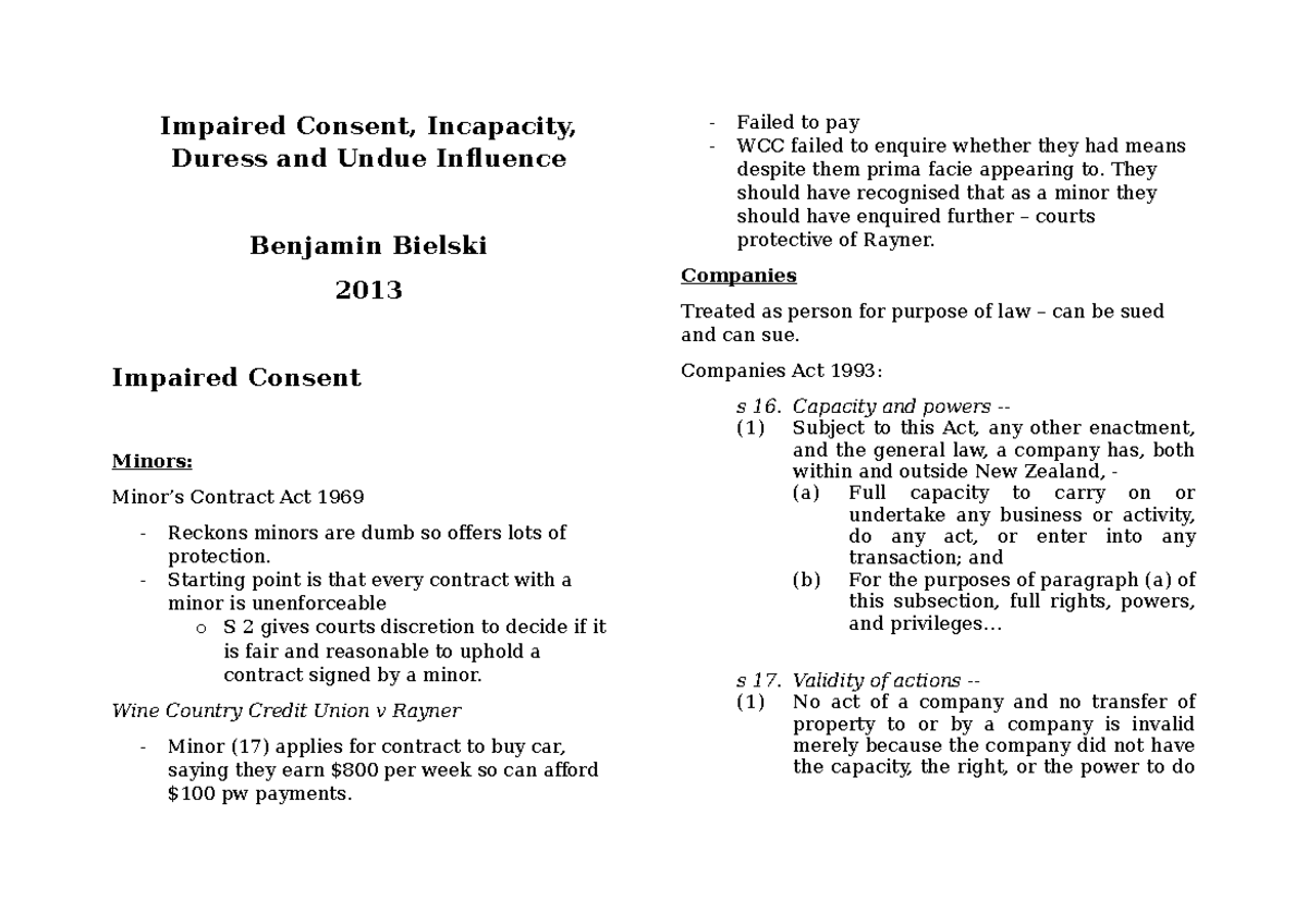 Impaired Consent, Mental Capacity and Duress - Impaired Consent ...