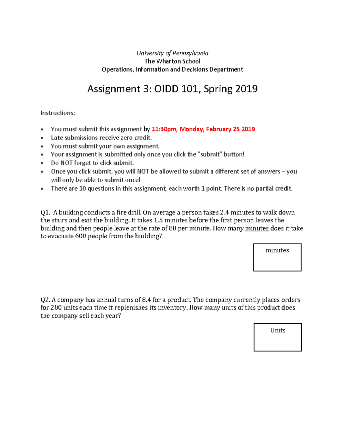 A3 19A - OIDD 101 - 2019 - Introduction to Operations, Information and ...