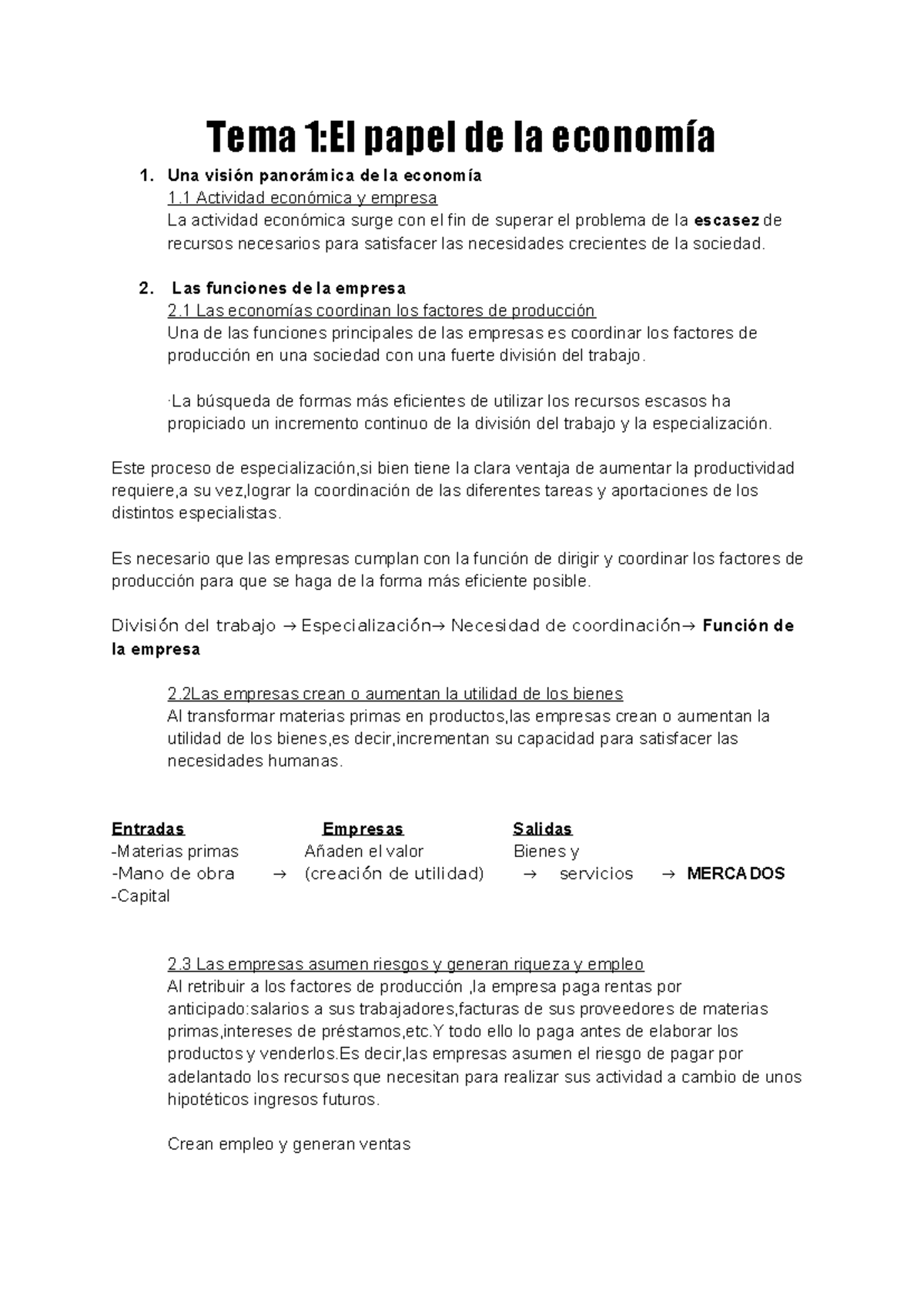 Tema 1 El papel de la economía - Tema 1:El papel de la economía Una ...