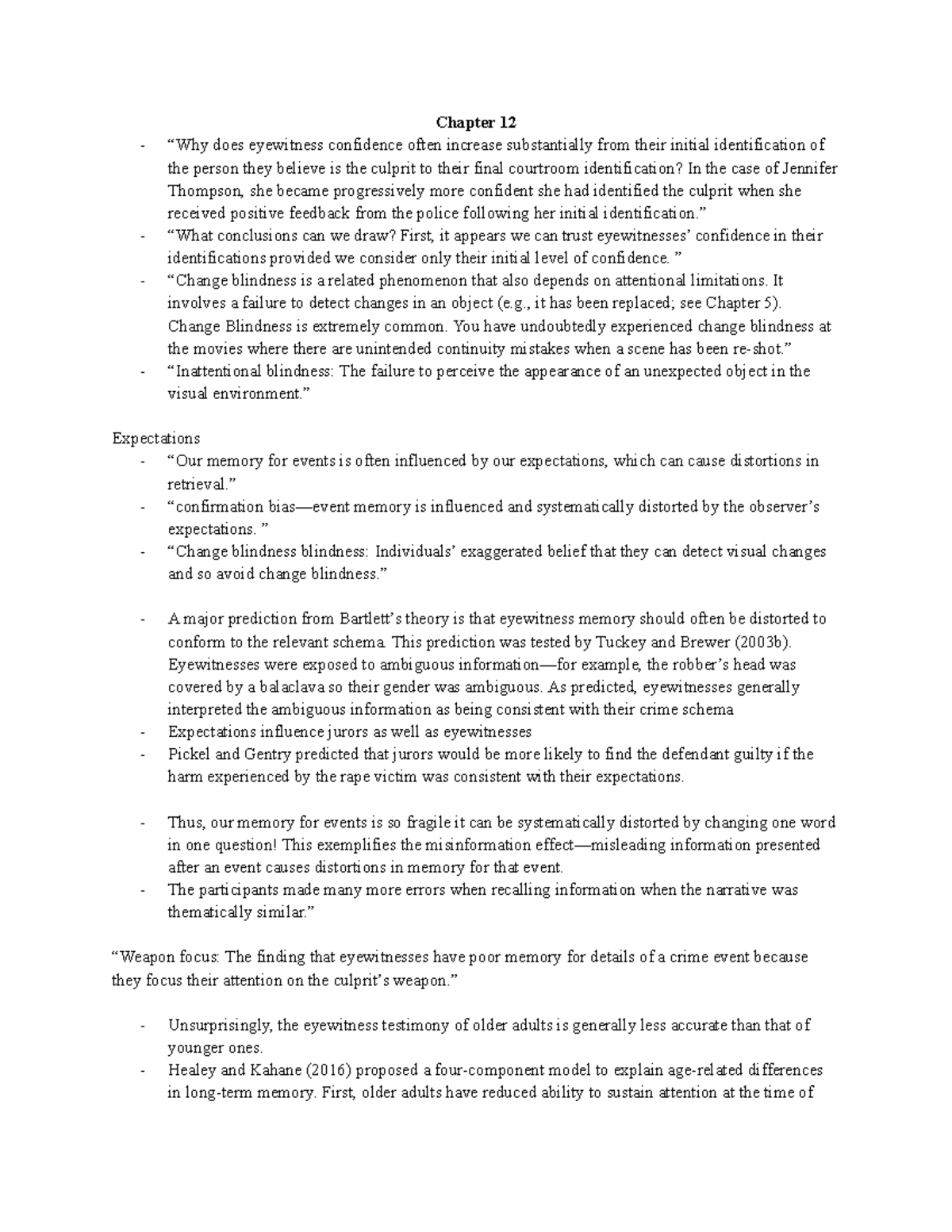 2 - Lecture 2 summary for final - Chapter 12 “Why does eyewitness ...